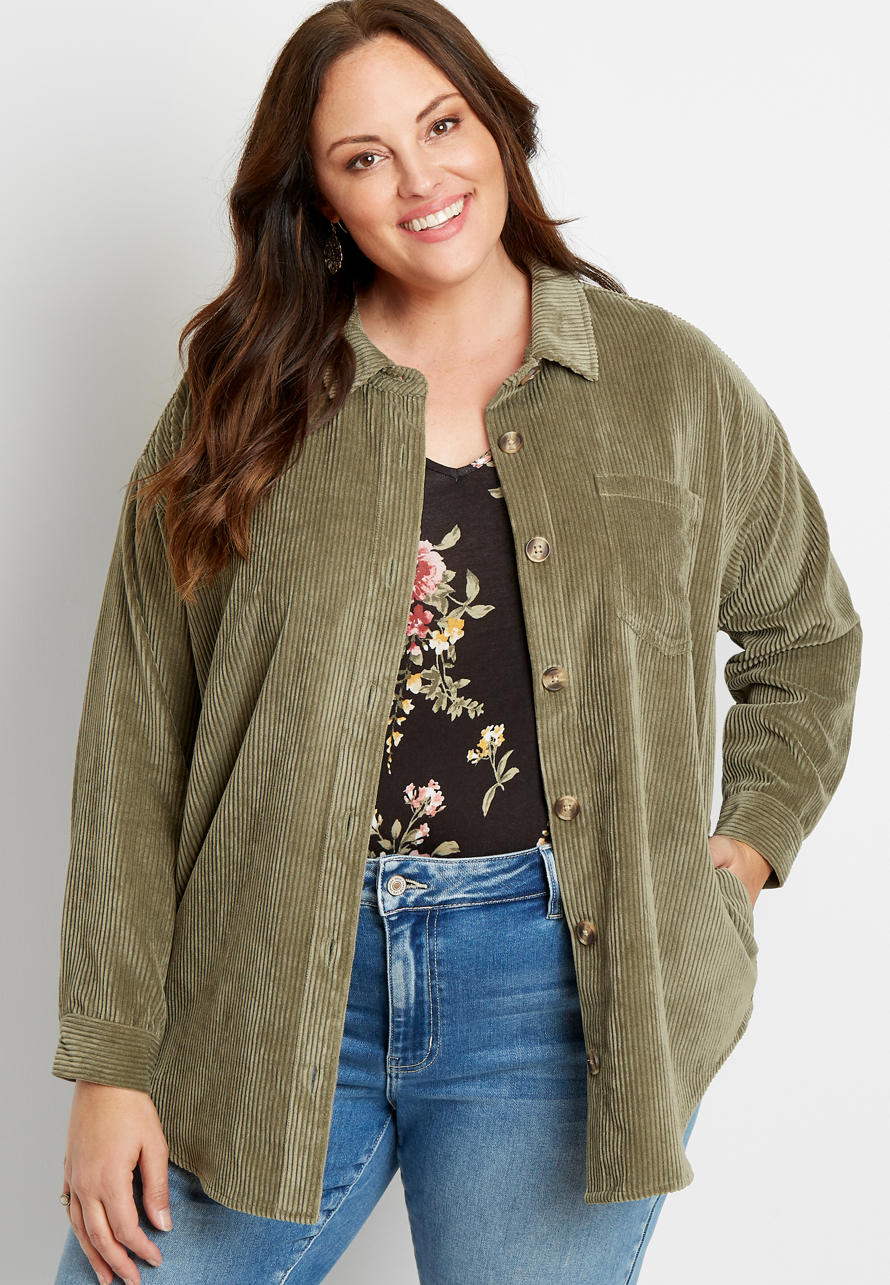 Plus Size Olive Corduroy Button Down Long Sleeve Oversized Shacket ...