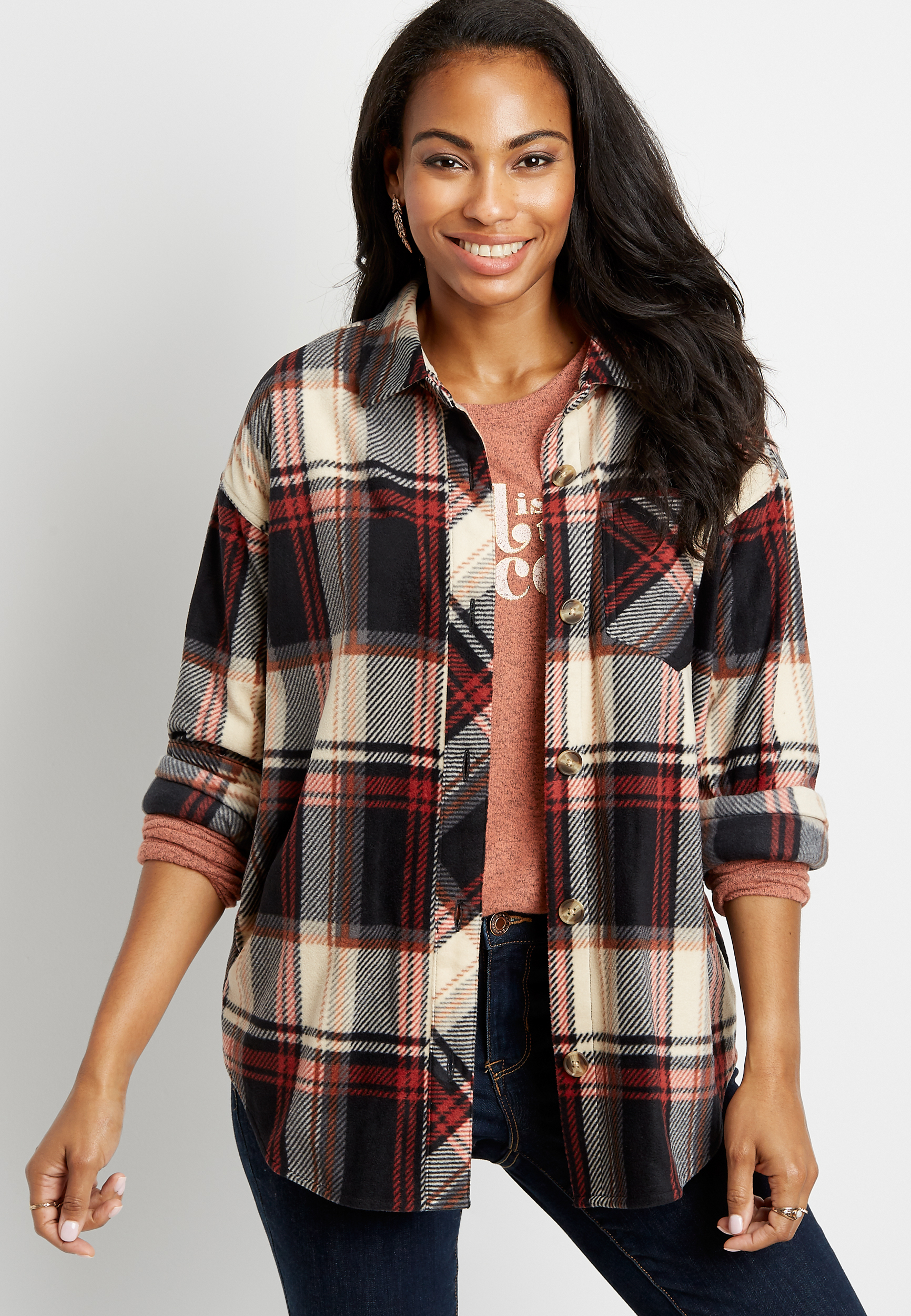 Plaid Button Down Long Sleeve Oversized Fleece Shacket | maurices