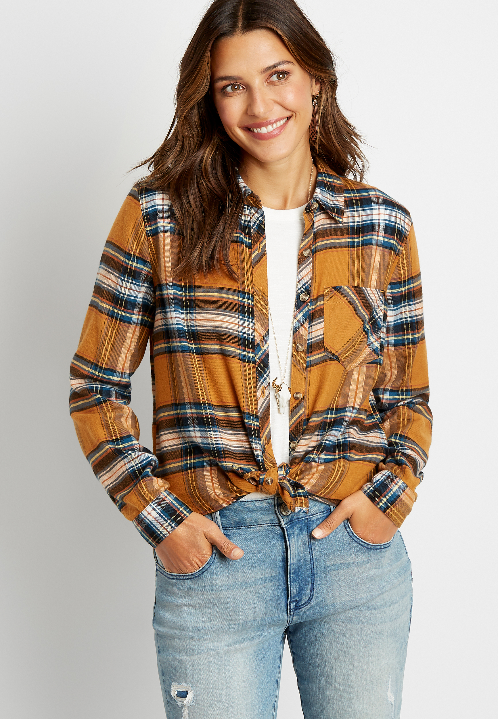 Gold Plaid Button Down Long Sleeve Flannel Shirt | maurices