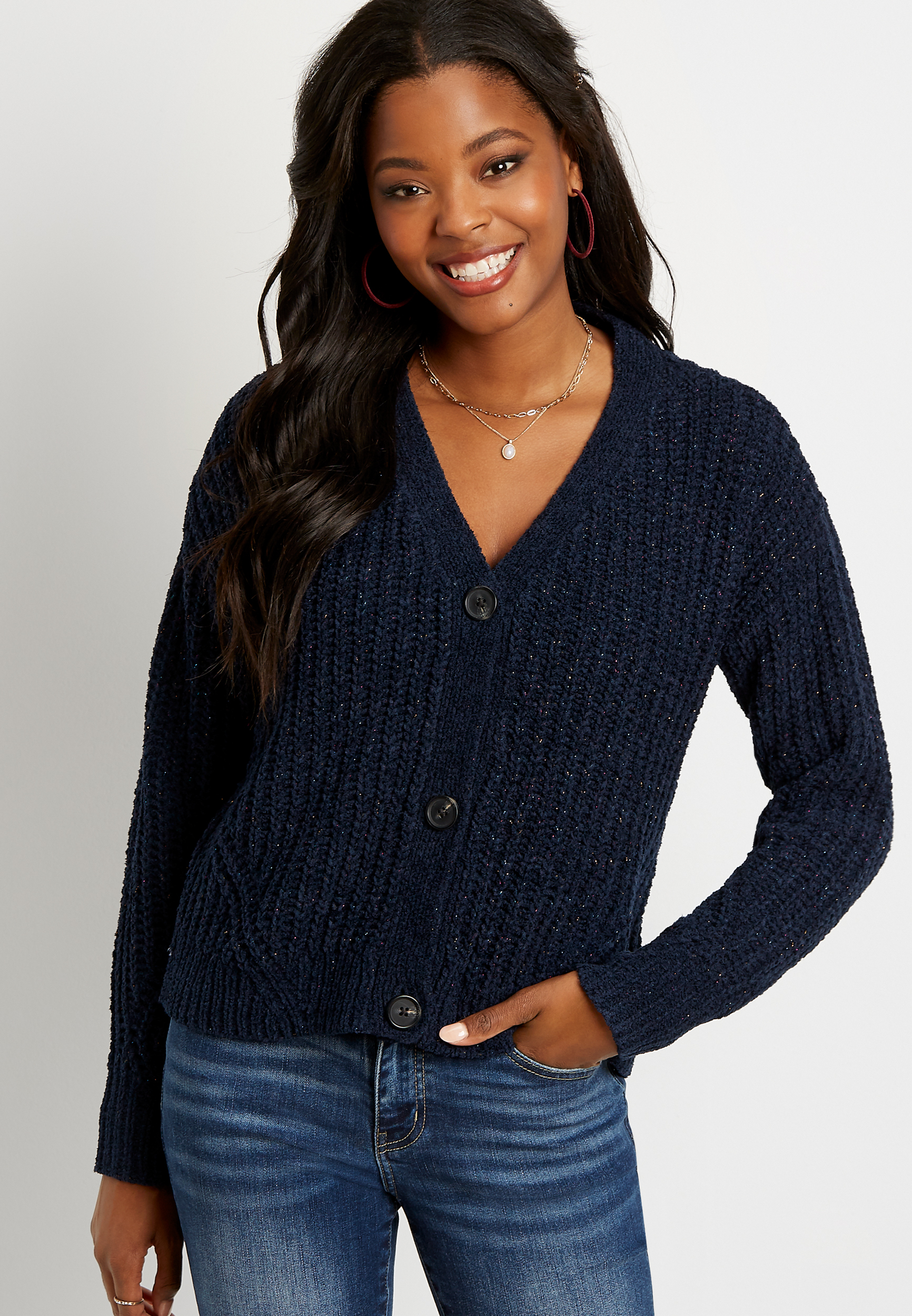 Solid Metallic Button Down Cardigan | maurices