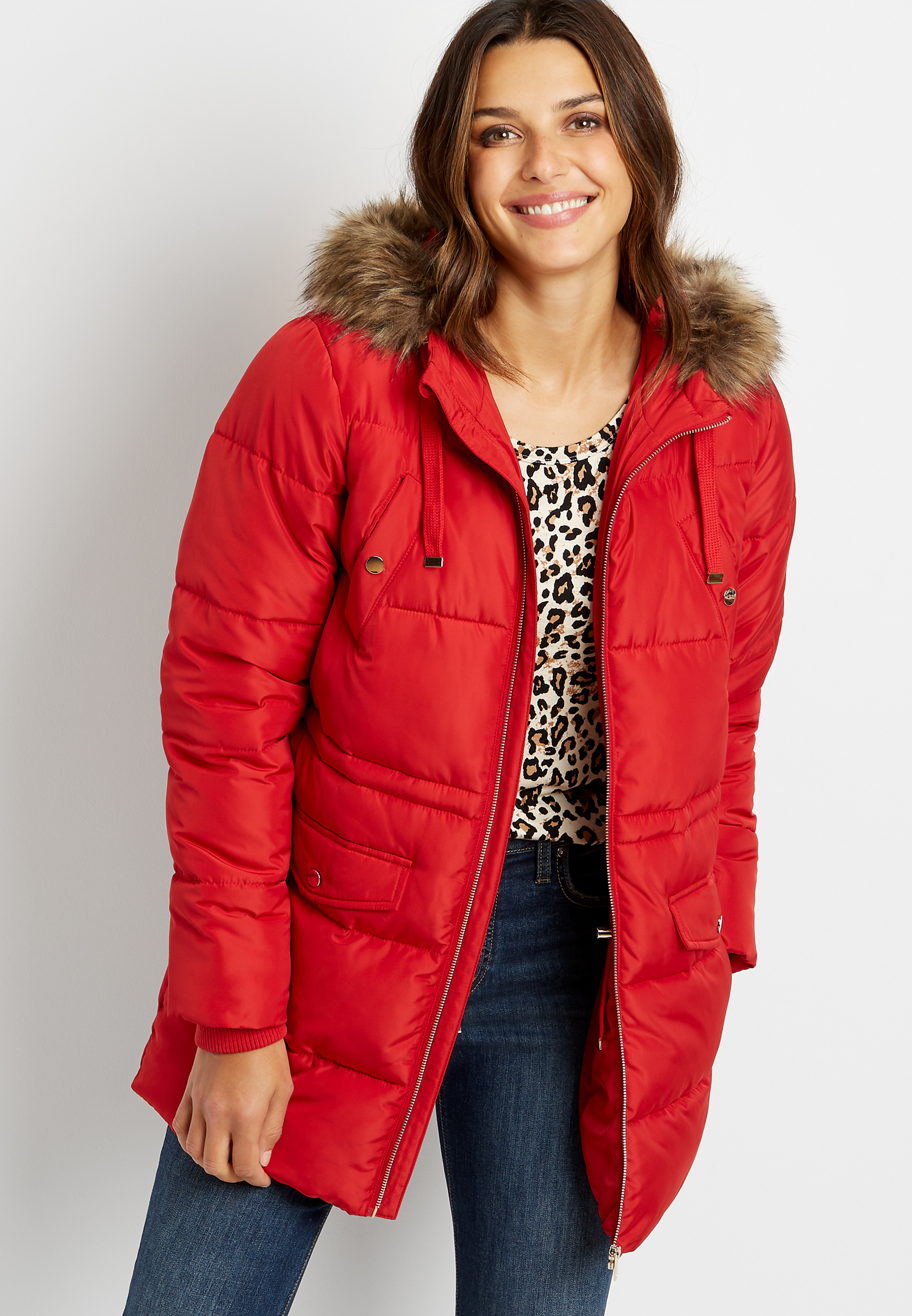 Red Drawcord Waist Puffer Faux Fur Hooded Outerwear Jacket | maurices