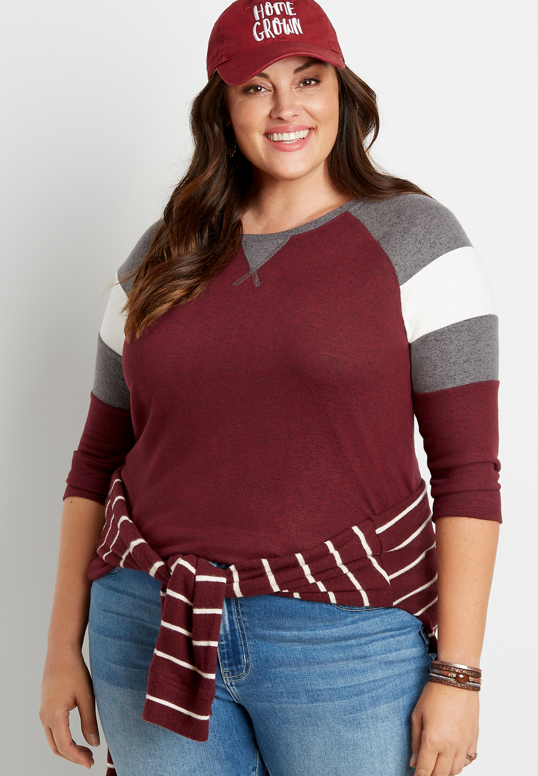 Plus Size 24/7 Solid Colorblock Sleeve Baseball Tee | maurices
