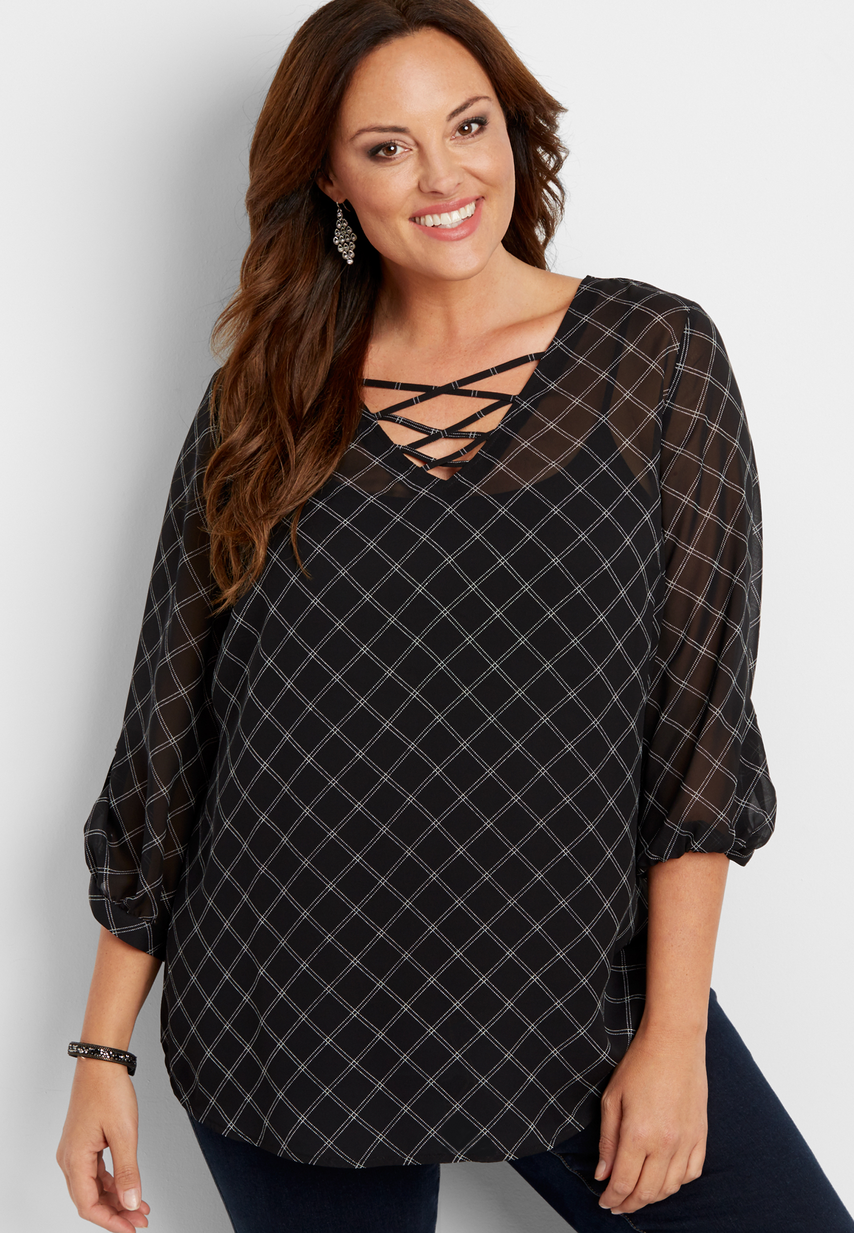 the perfect plus size tunic blouse with strappy neckline in plaid print | maurices