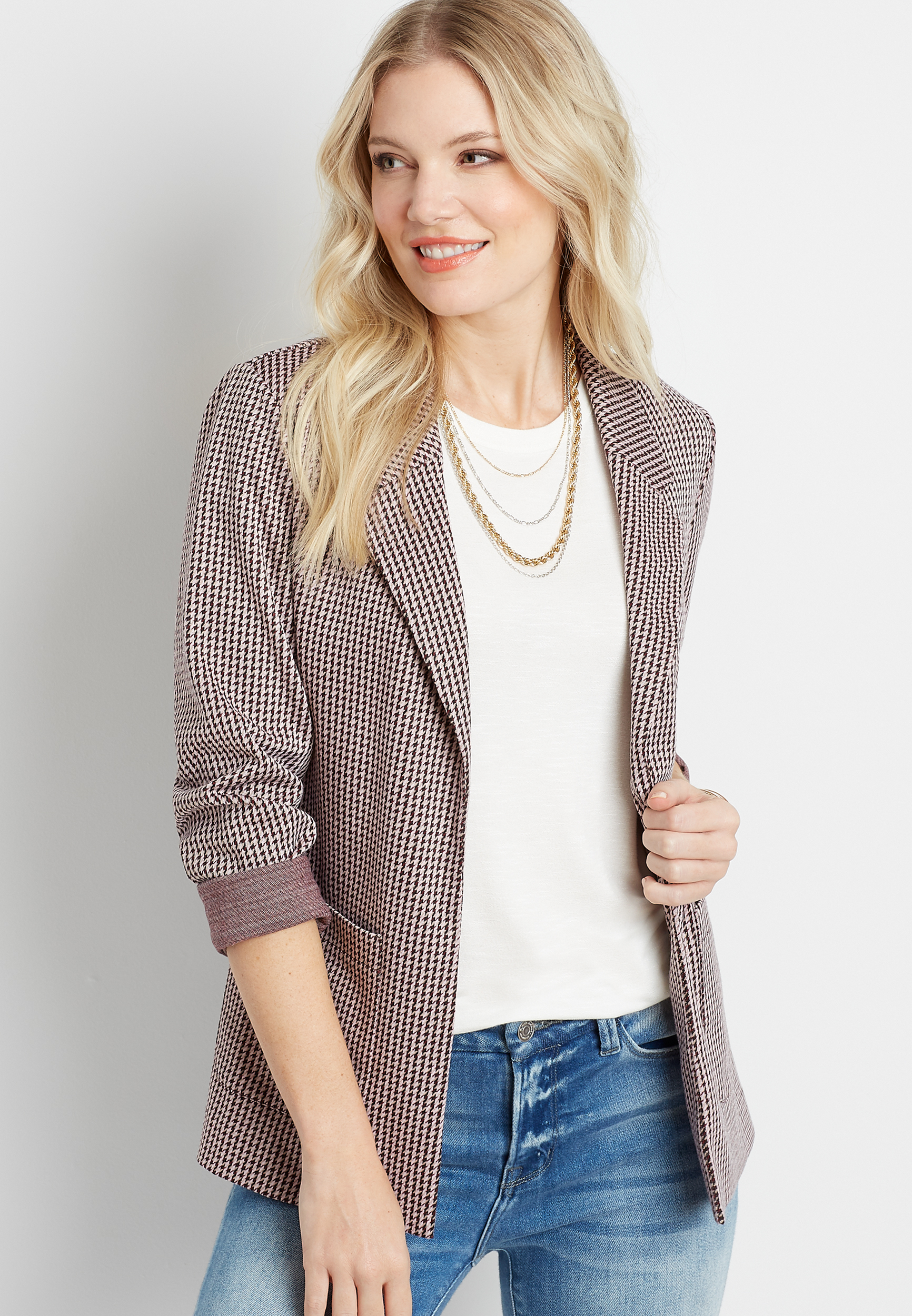 Burgundy Houndstooth Pattern Open Front Blazer | maurices