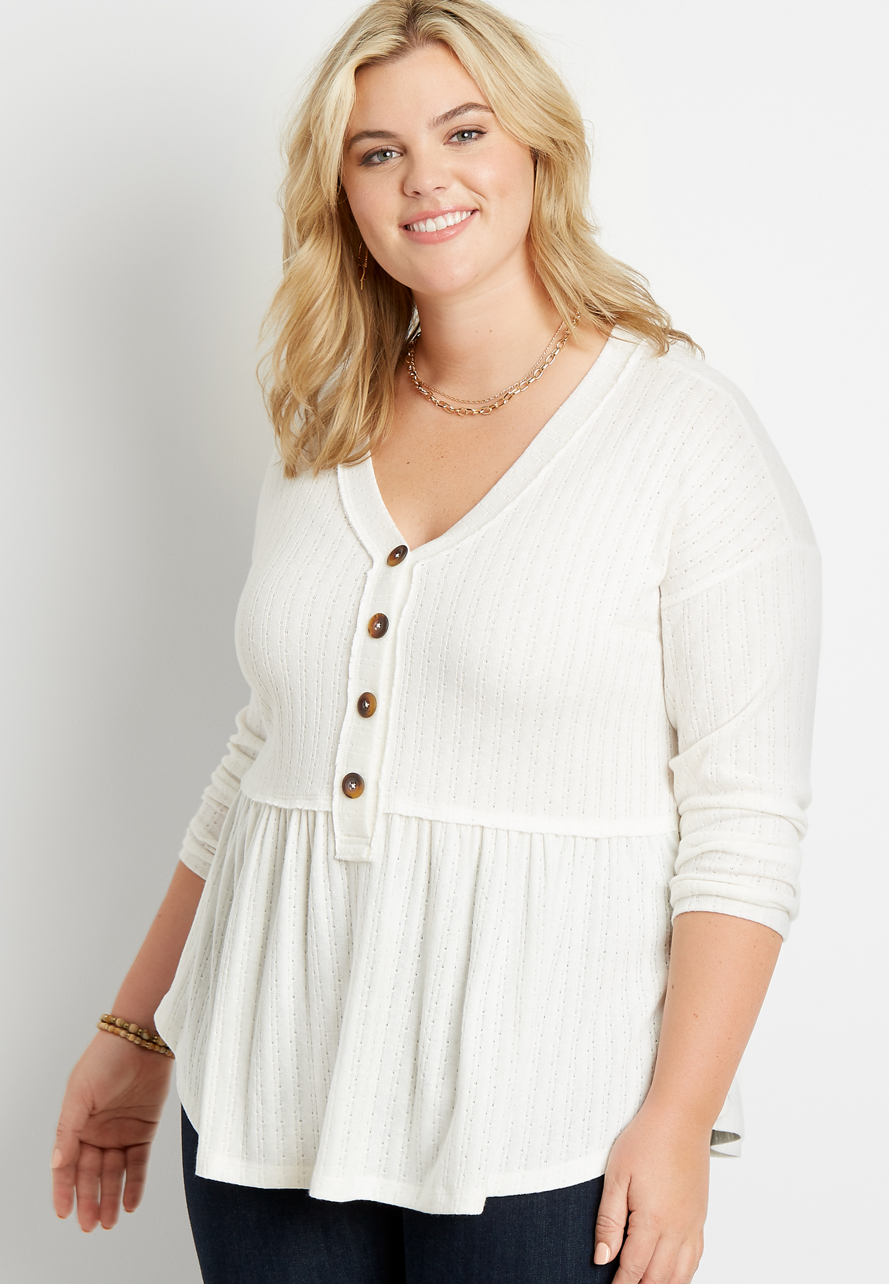 Plus Size Solid Button Front Babydoll Long Sleeve Top | maurices