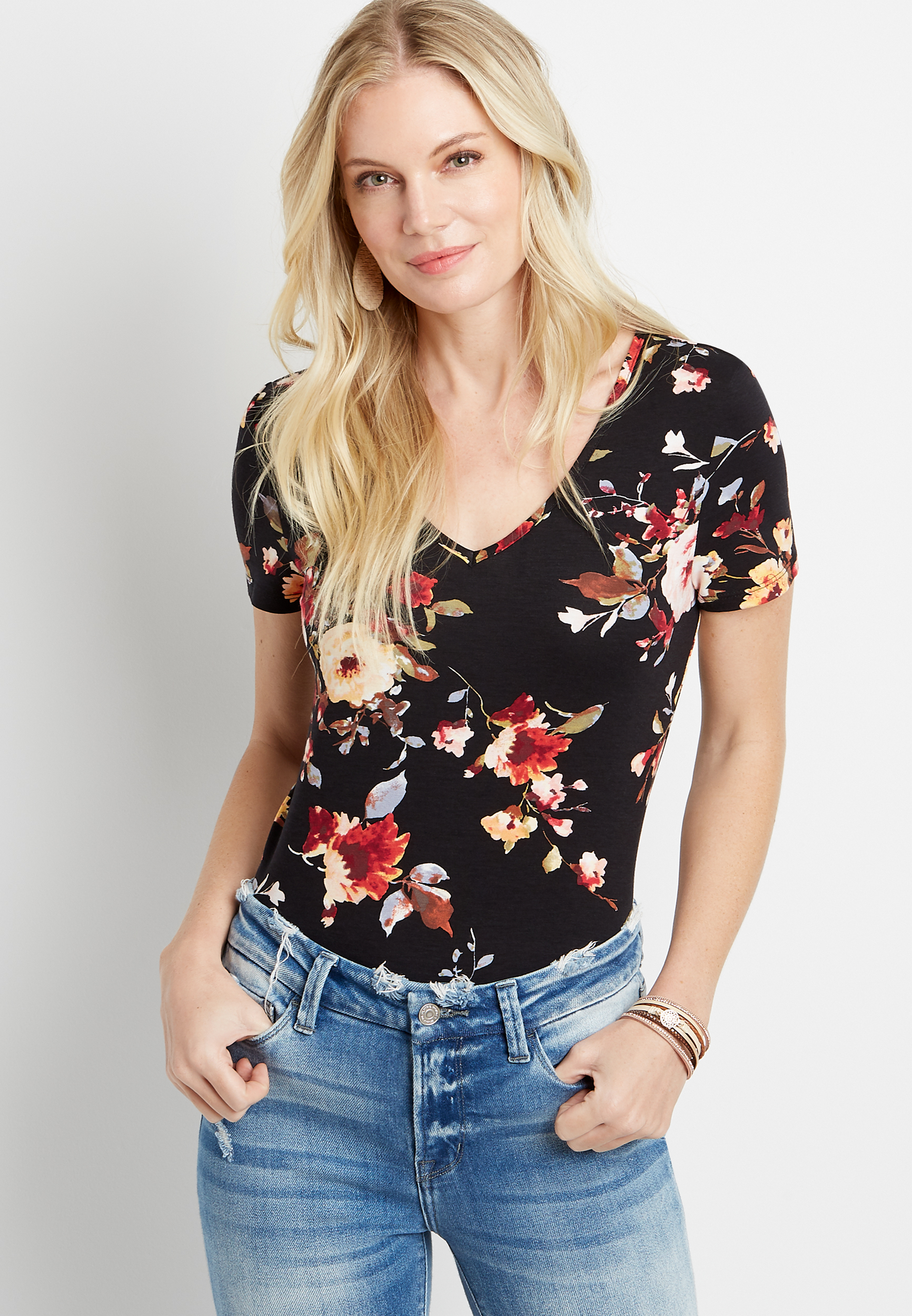 24/7 Black Floral Tuck In Tee | maurices