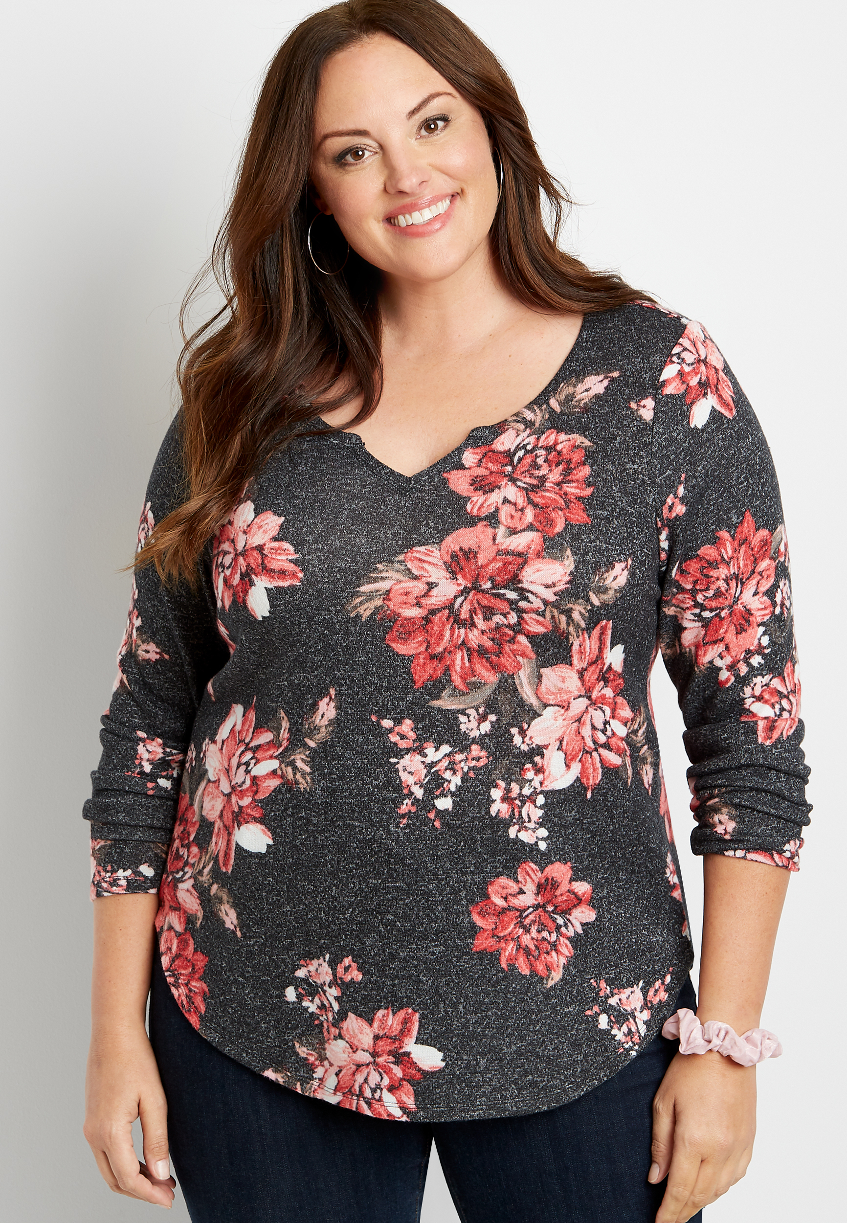 Plus Size 24/7 Black Floral Split Neck Cozy Tee | maurices