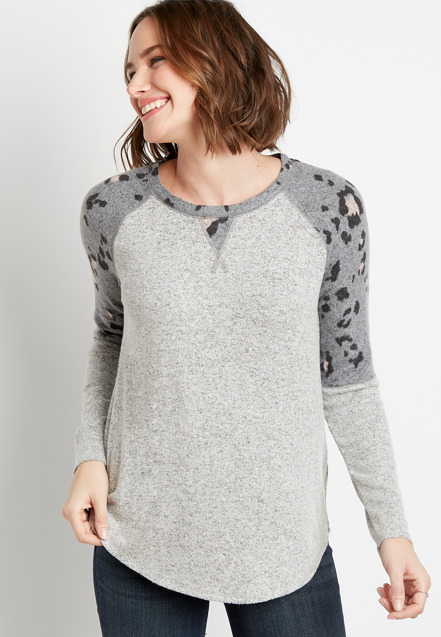 24/7 Gray Leopard Sleeves Cozy Baseball Tee | maurices