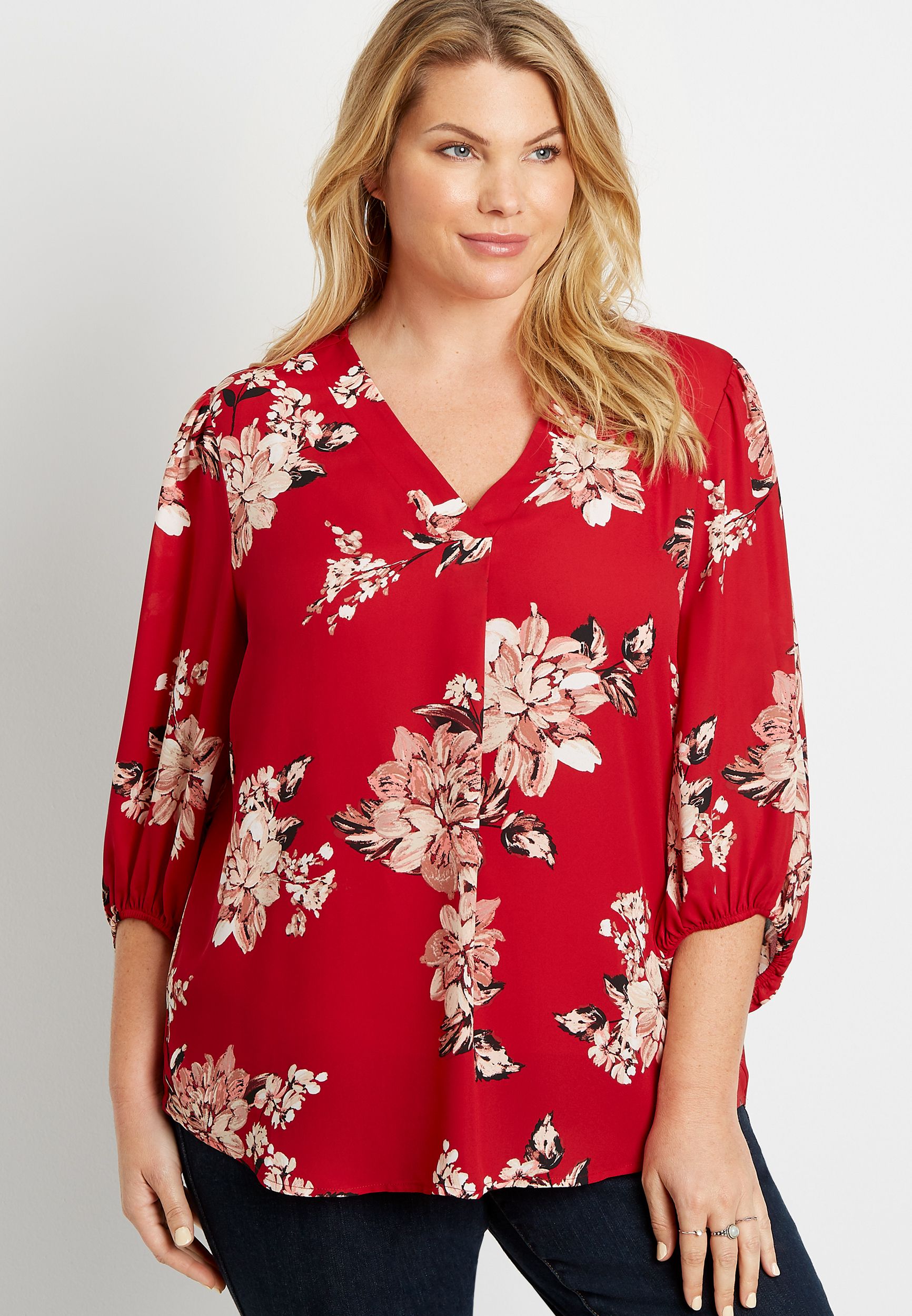 Plus Size Red Floral Balloon Sleeve V Neck Blouse | maurices