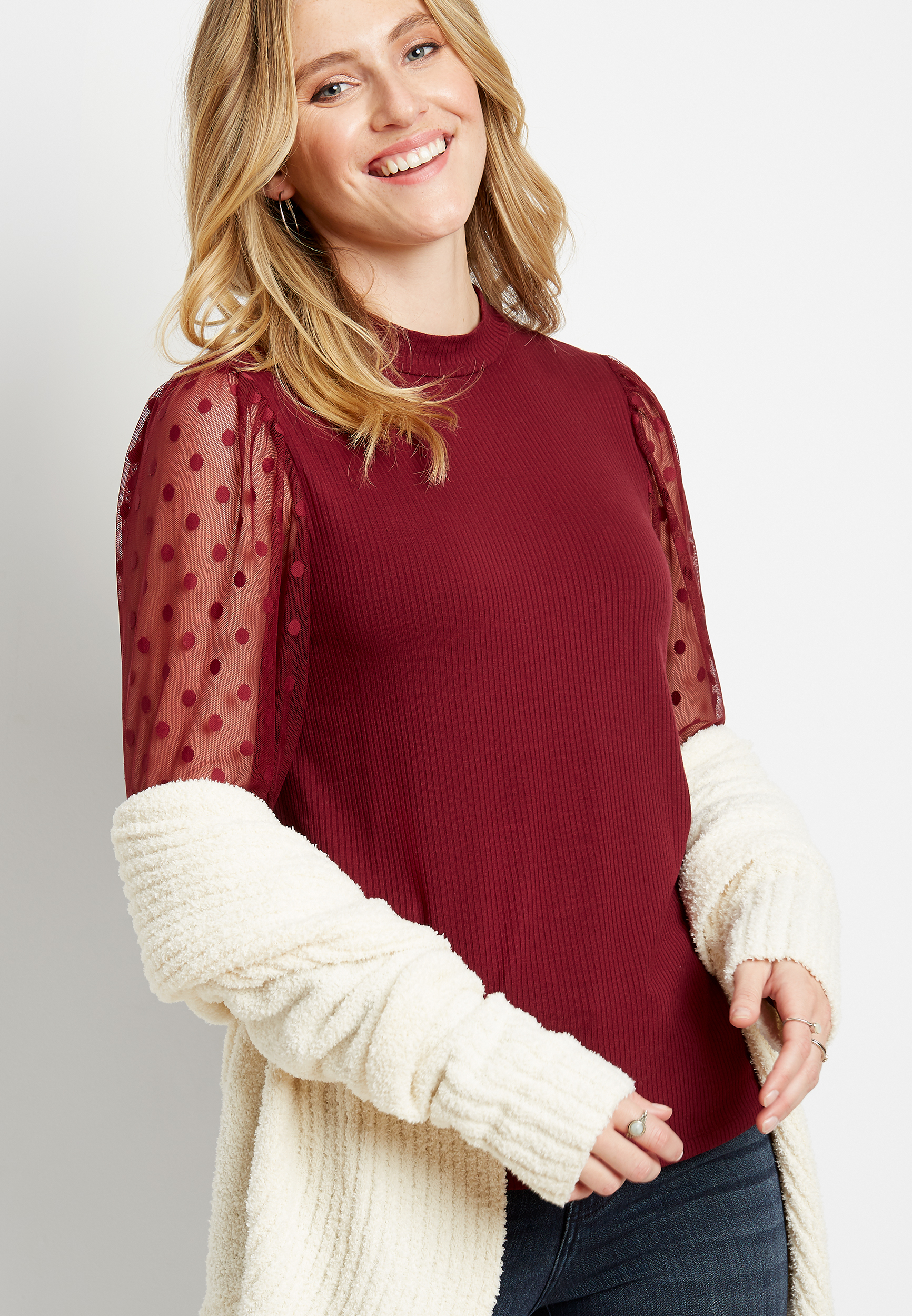 Red Sheer Polka Dot Sleeve Mock Neck Top | maurices
