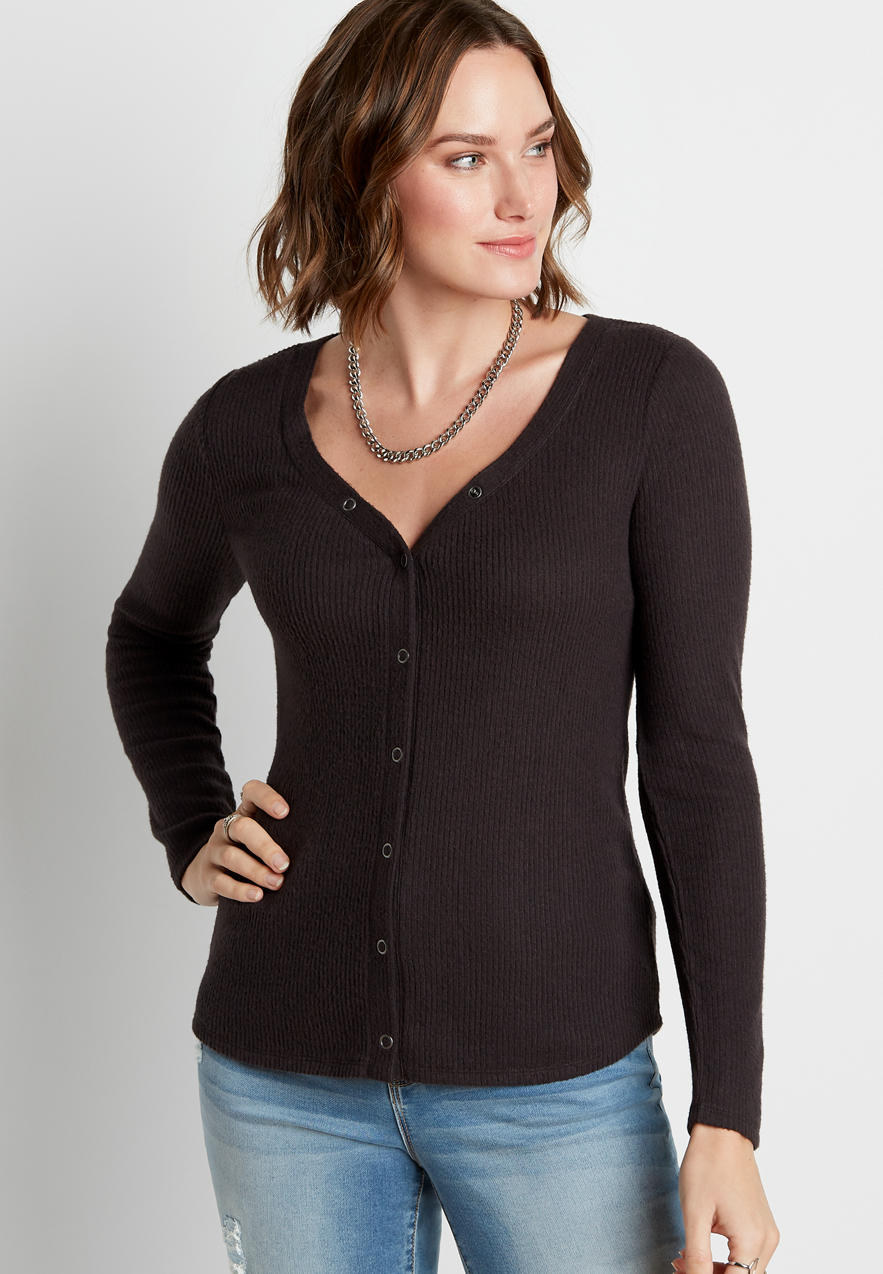 24/7 Solid Cozy Snap Front Long Sleeve Tee | maurices