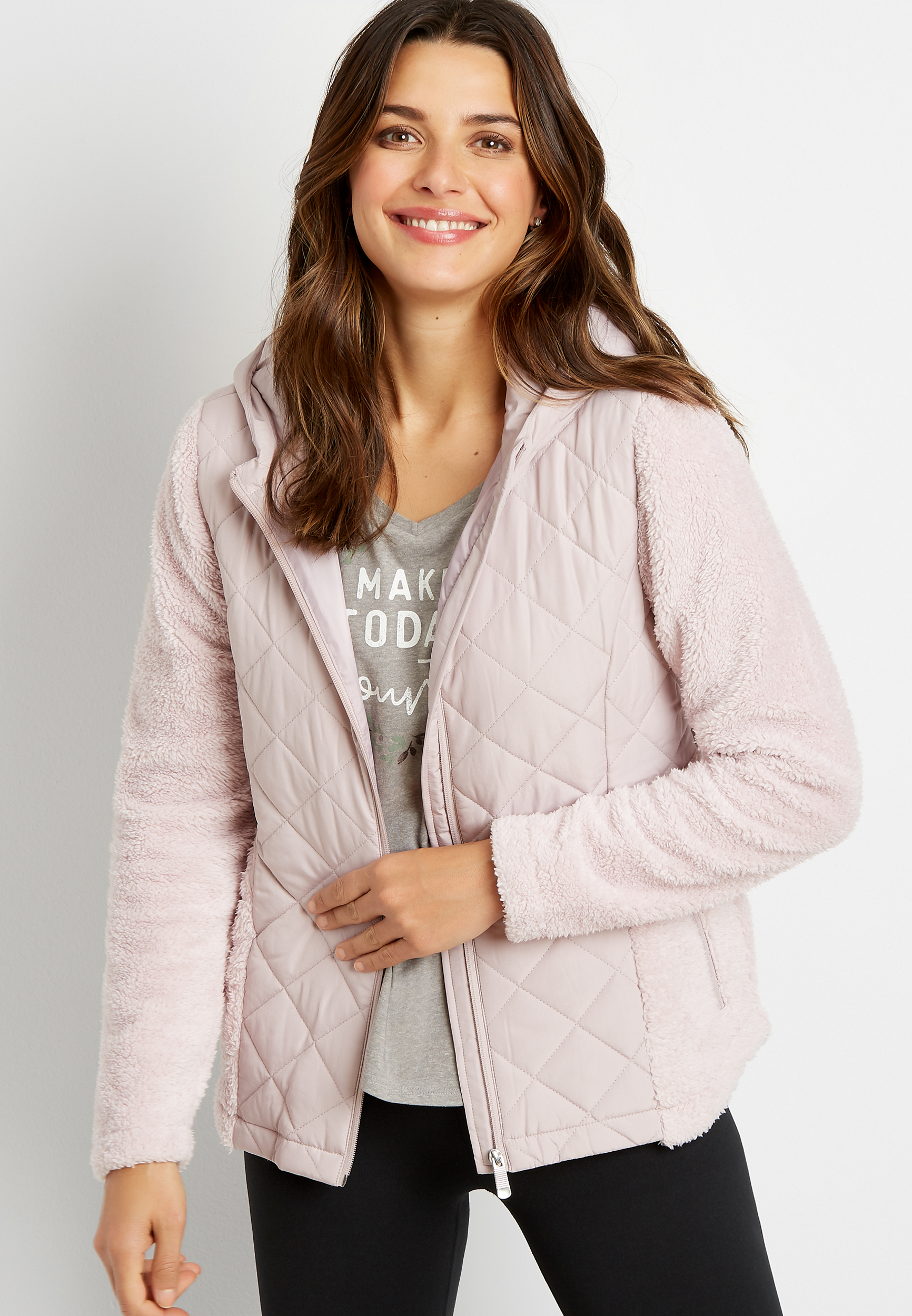 Lilac Quilted Front Sherpa Hooded Jacket | maurices