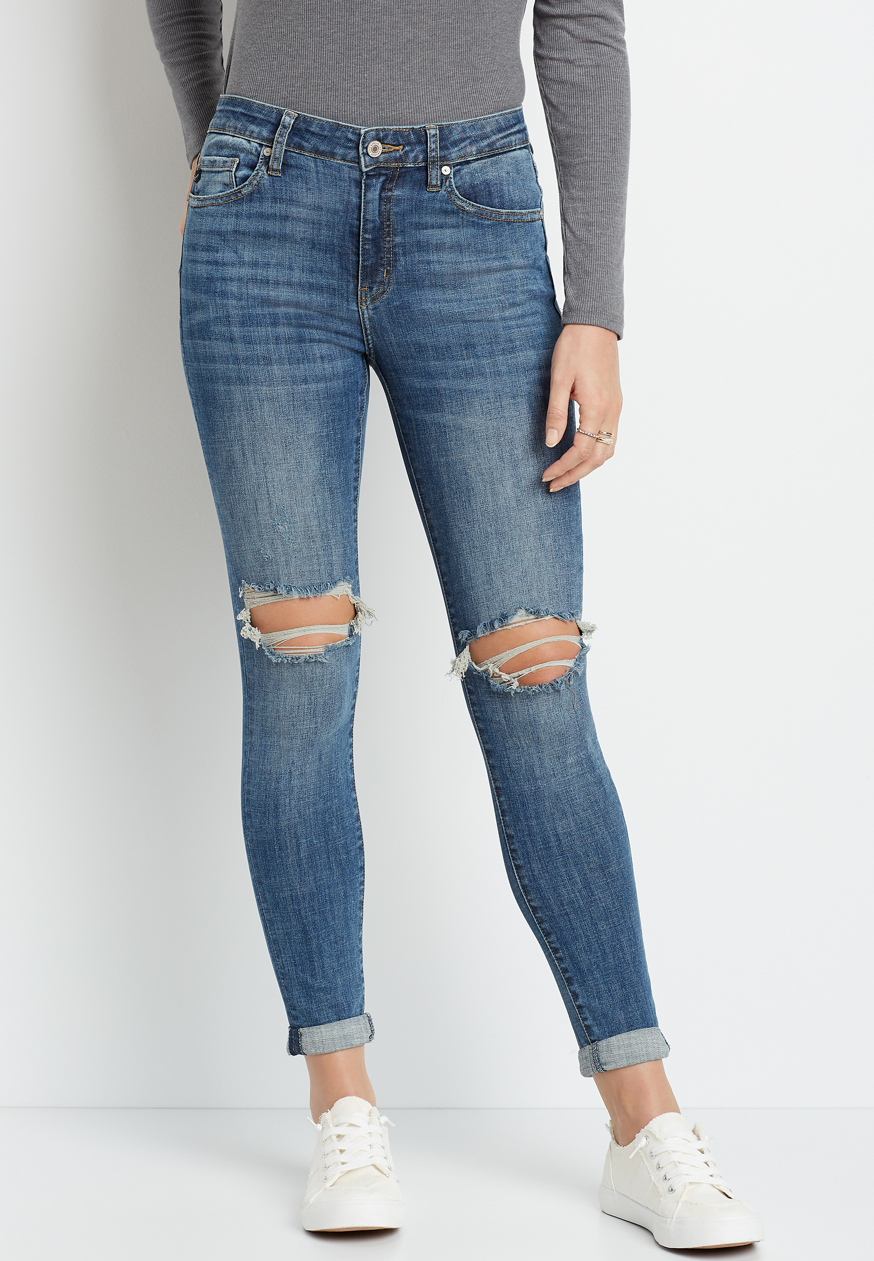 Kancan™ High Rise Medium Destructed Rolled Skinny Jean Maurices