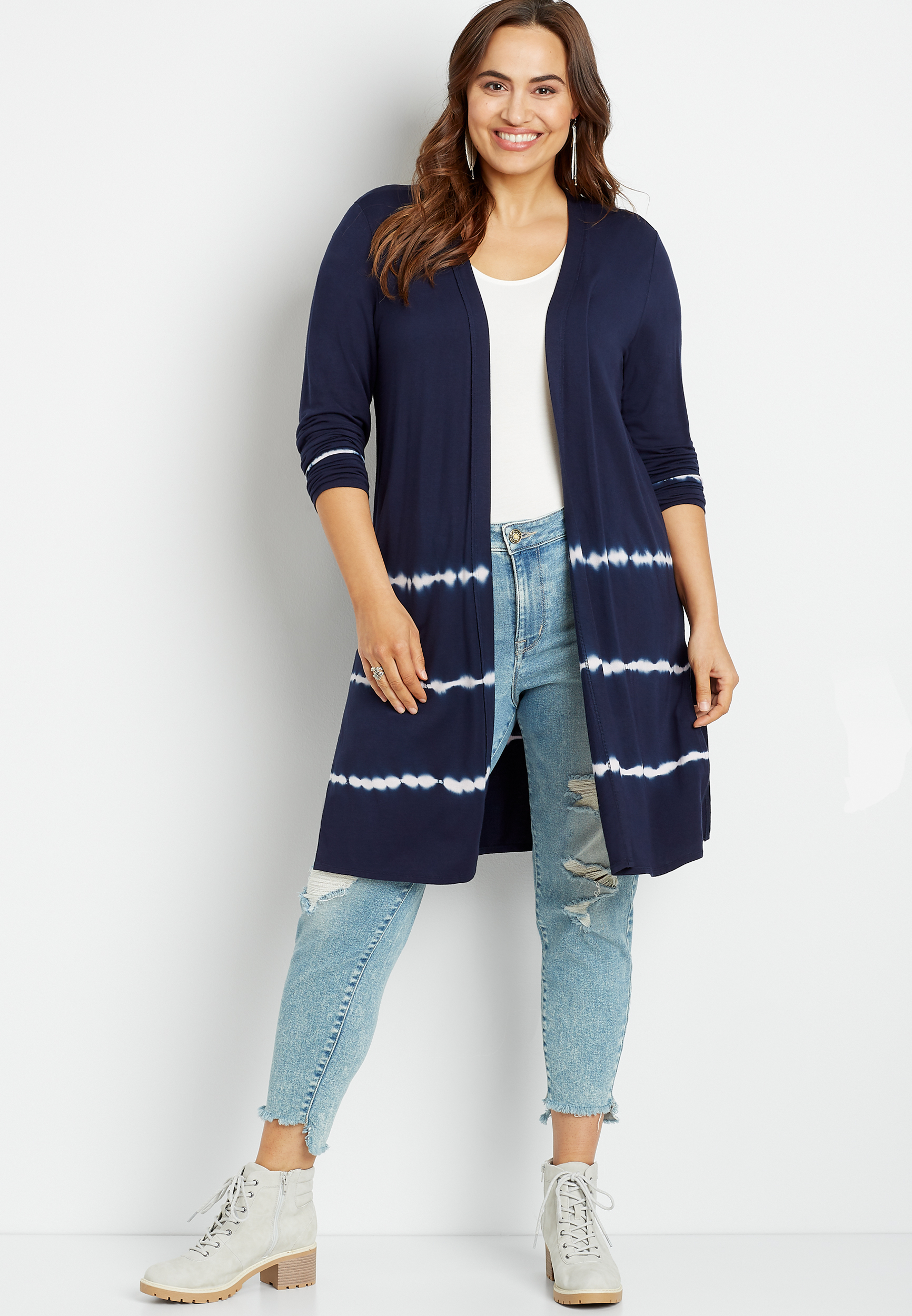 Plus Size Navy Tie Dye Open Front Duster Cardigan | maurices