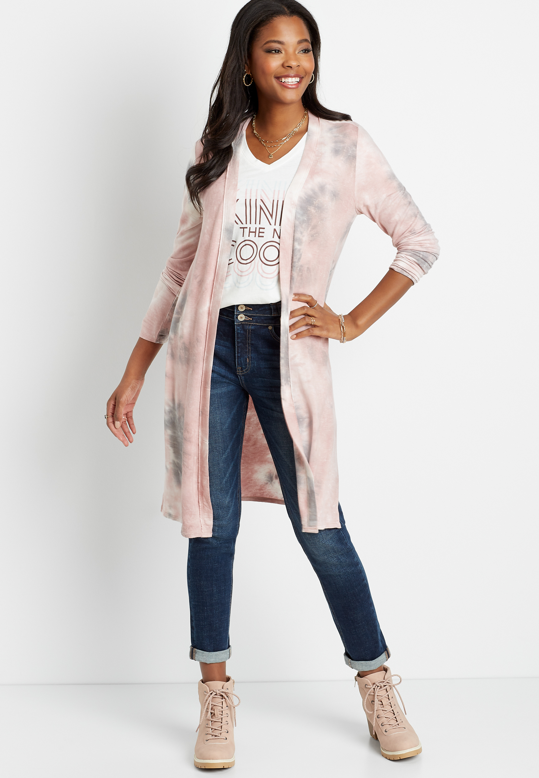 Pink Tie Dye Open Front Duster Cardigan | maurices