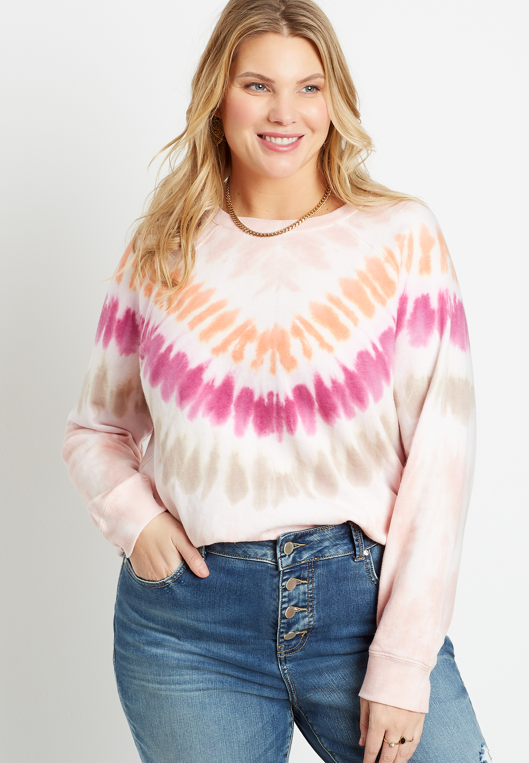 Plus Size Bright Chevron Tie Dye Crew Neck Sweatshirt | maurices