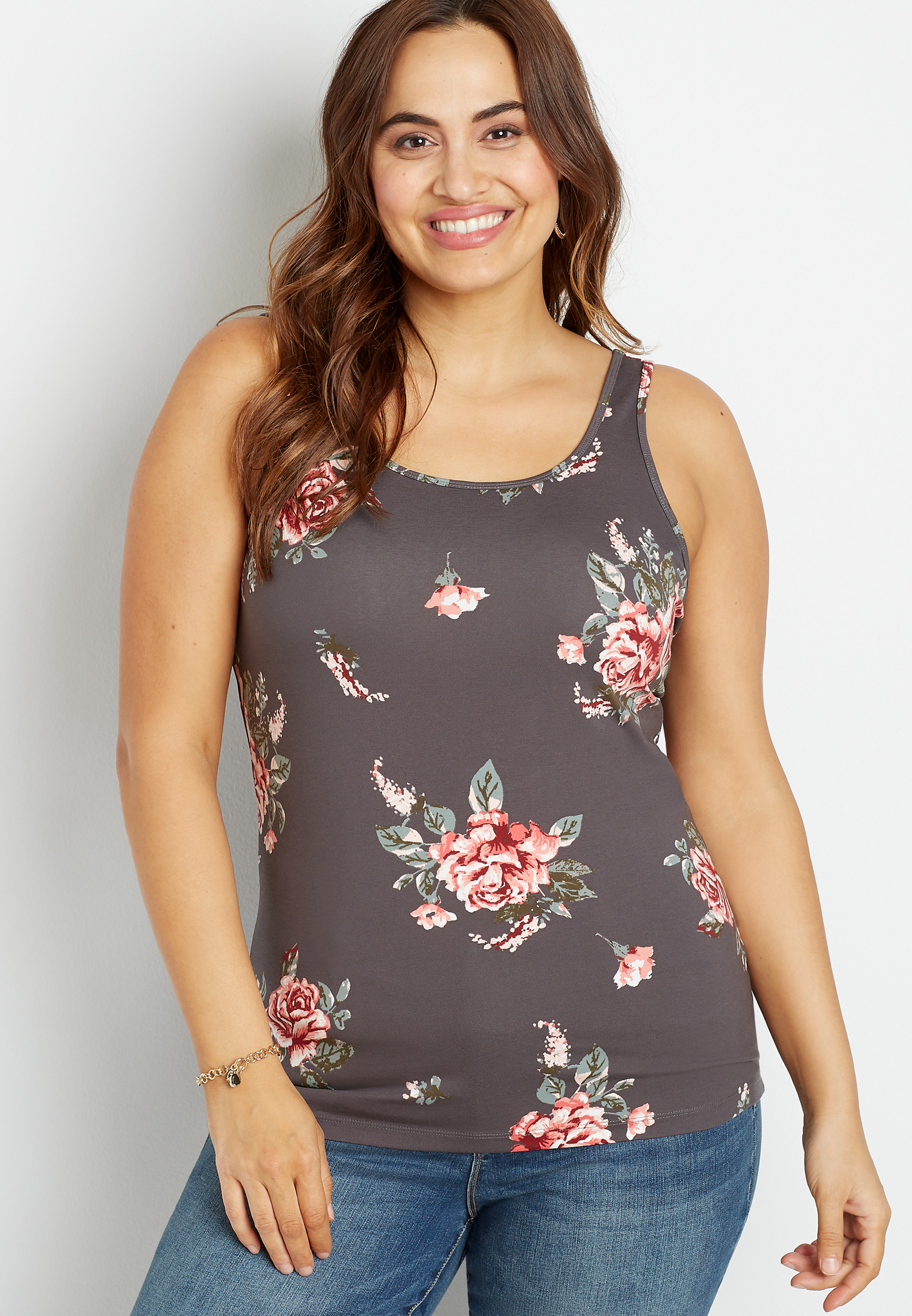 Plus Size Gray Floral Scoop Neck Tank Top Maurices