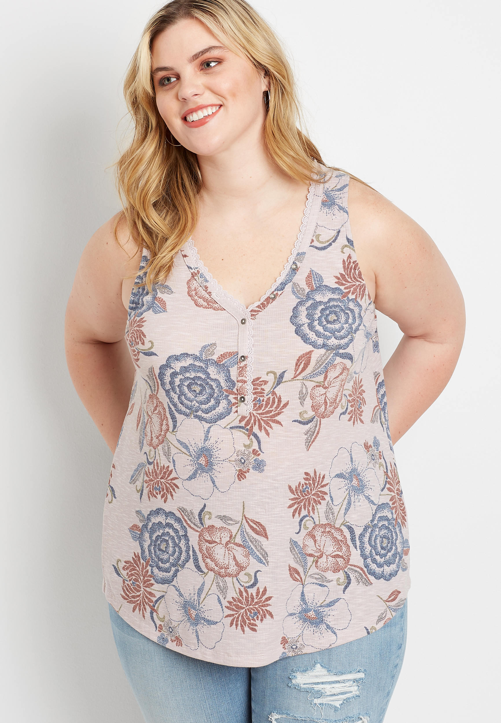 Plus Size 247 Floral Ribbed Lace Button Trim Tank Top Maurices