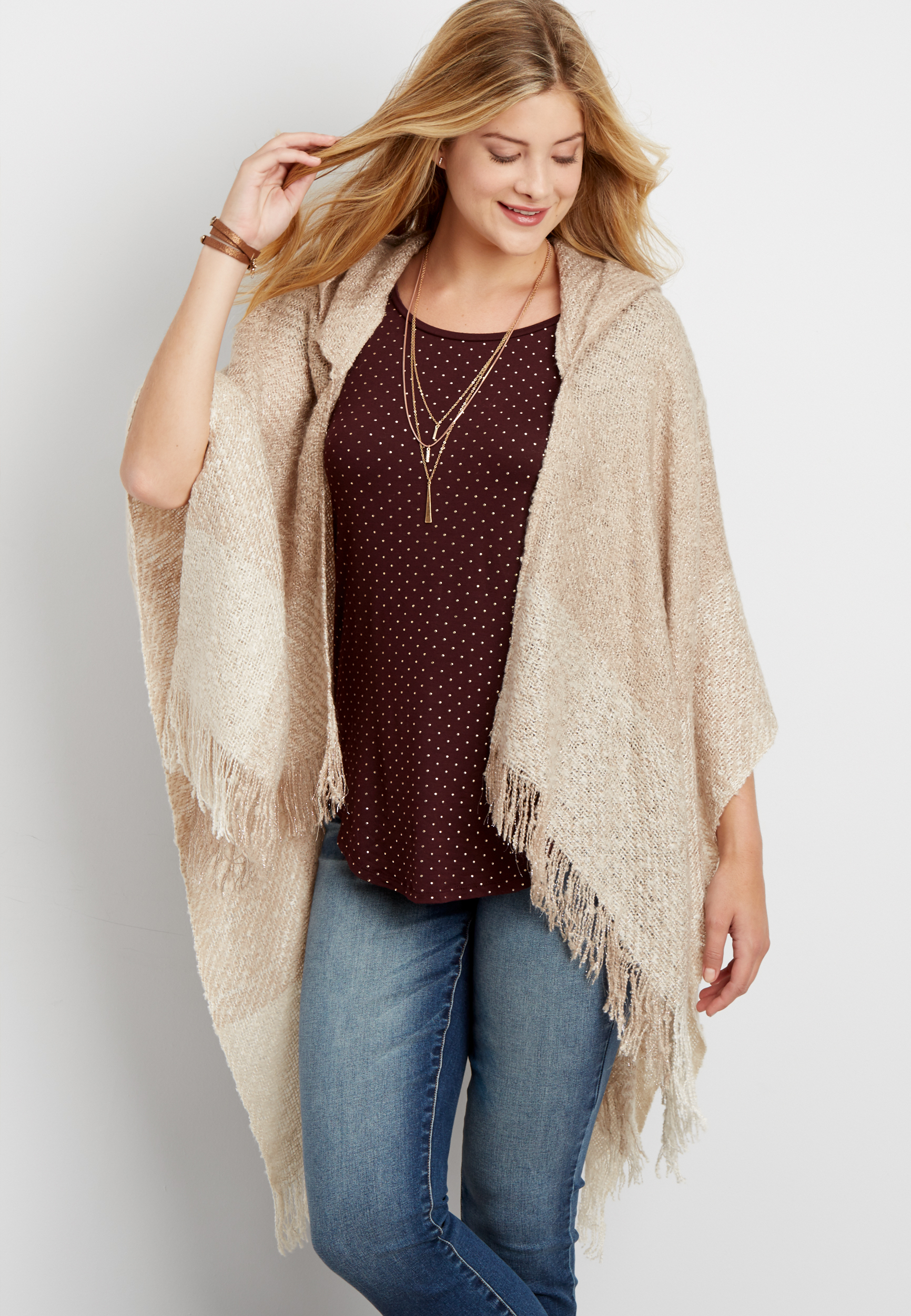 hooded ruana wrap with metallic shimmer | maurices