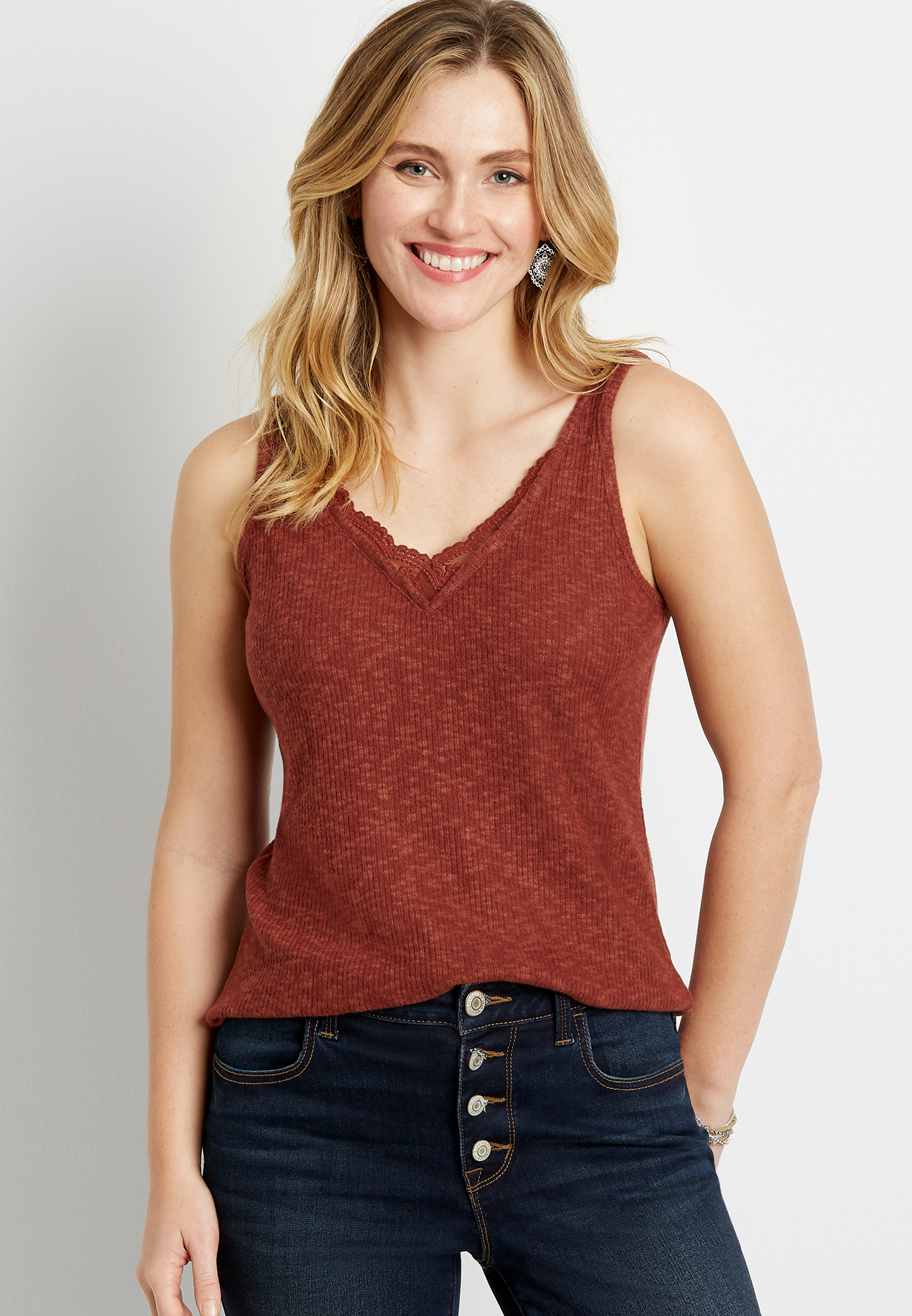 Solid V Neck Lace Trim Tank Top | maurices