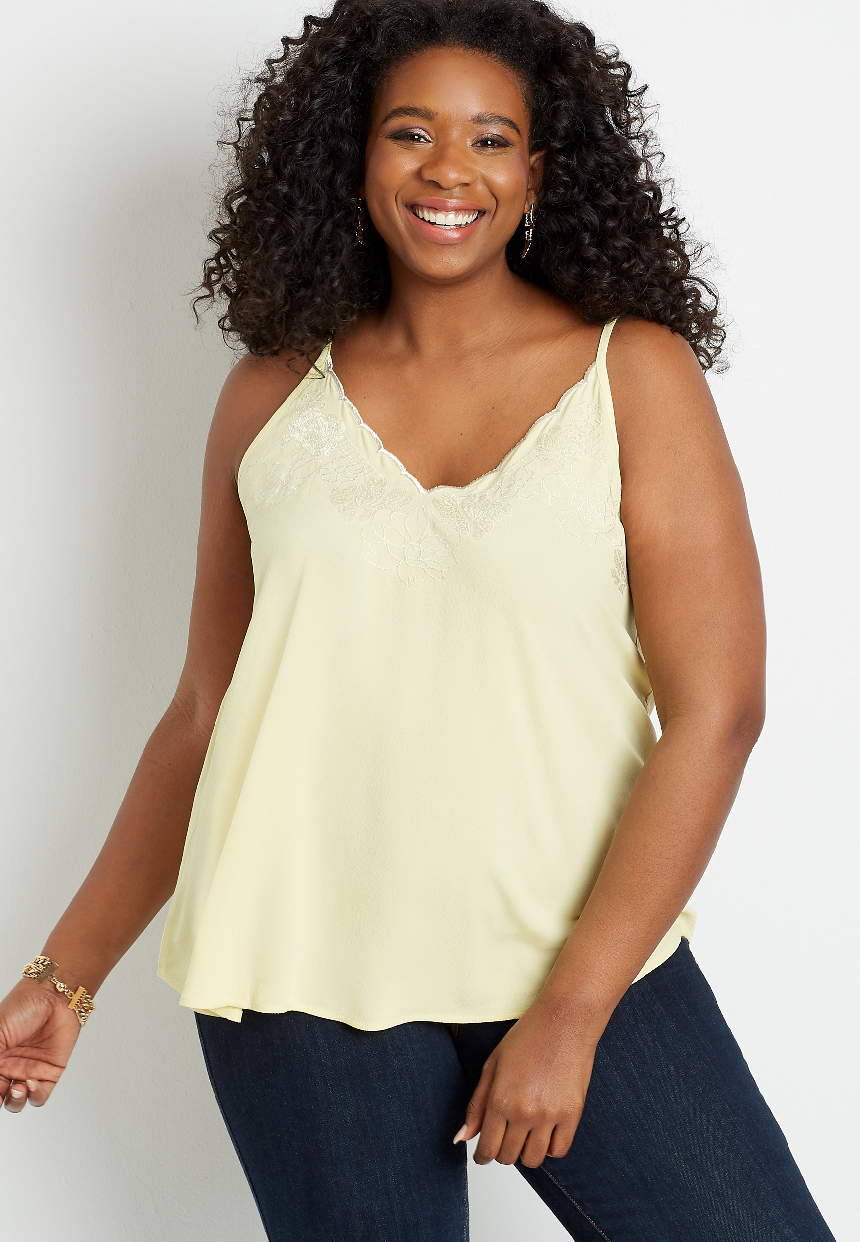 Plus Size Yellow Embroidered Scalloped Tank Top | maurices