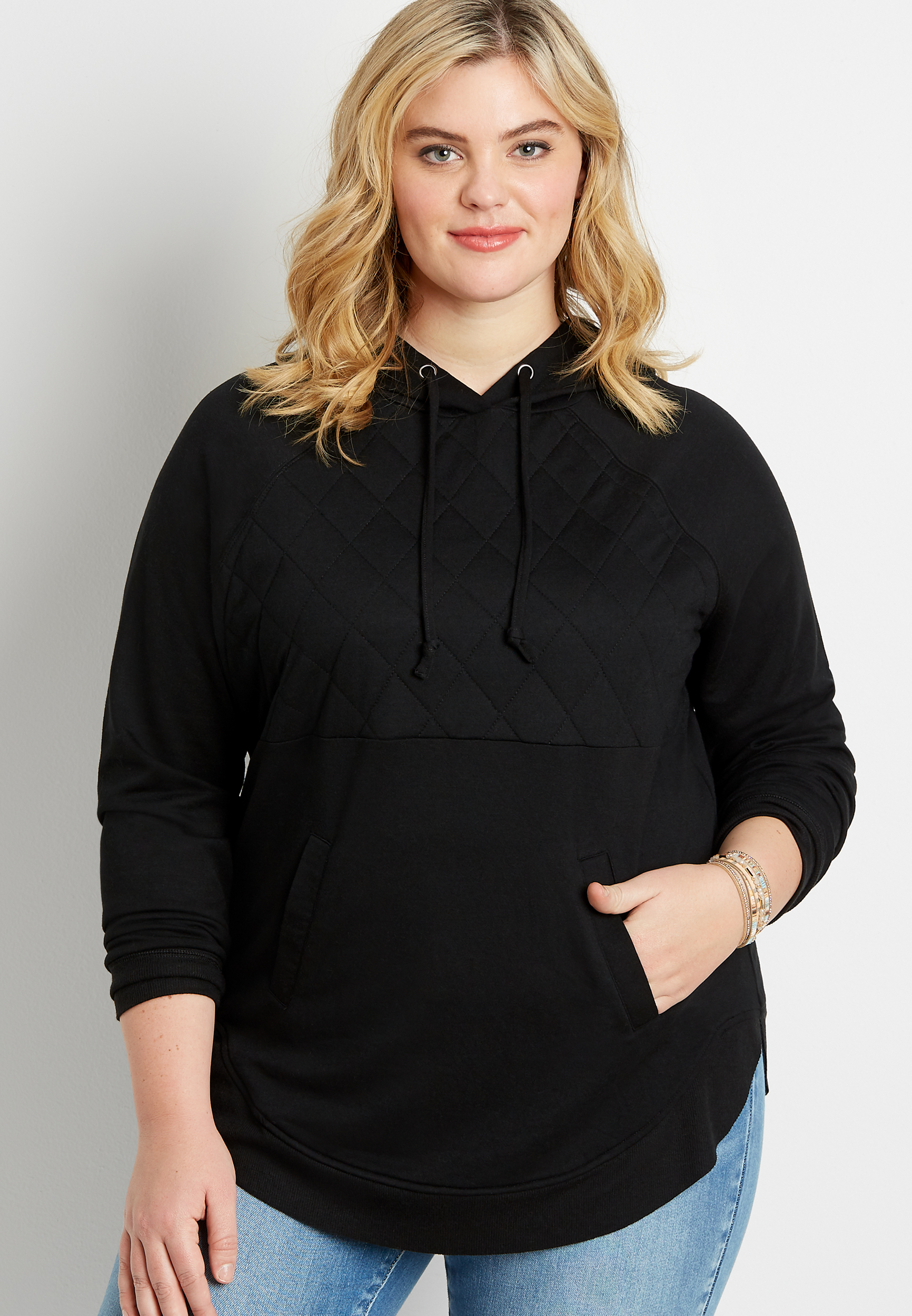 Plus Size Solid Quilted Front Pullover Hoodie | maurices