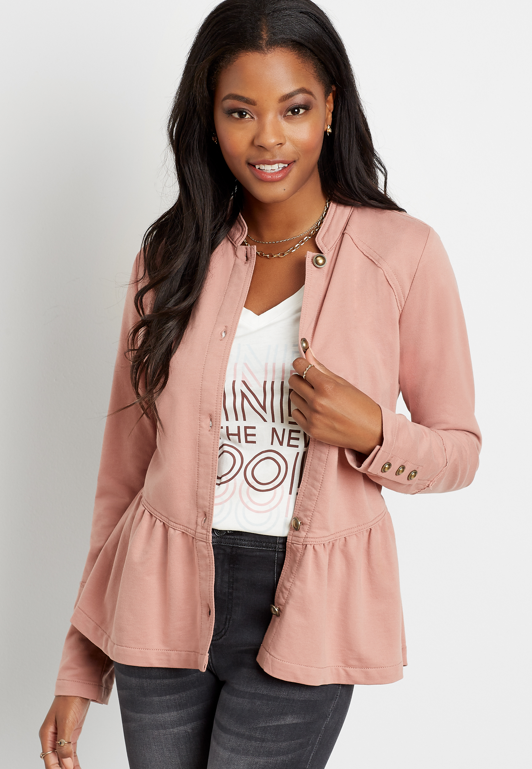 Pink Ruffle Hem Knit Military Jacket | maurices