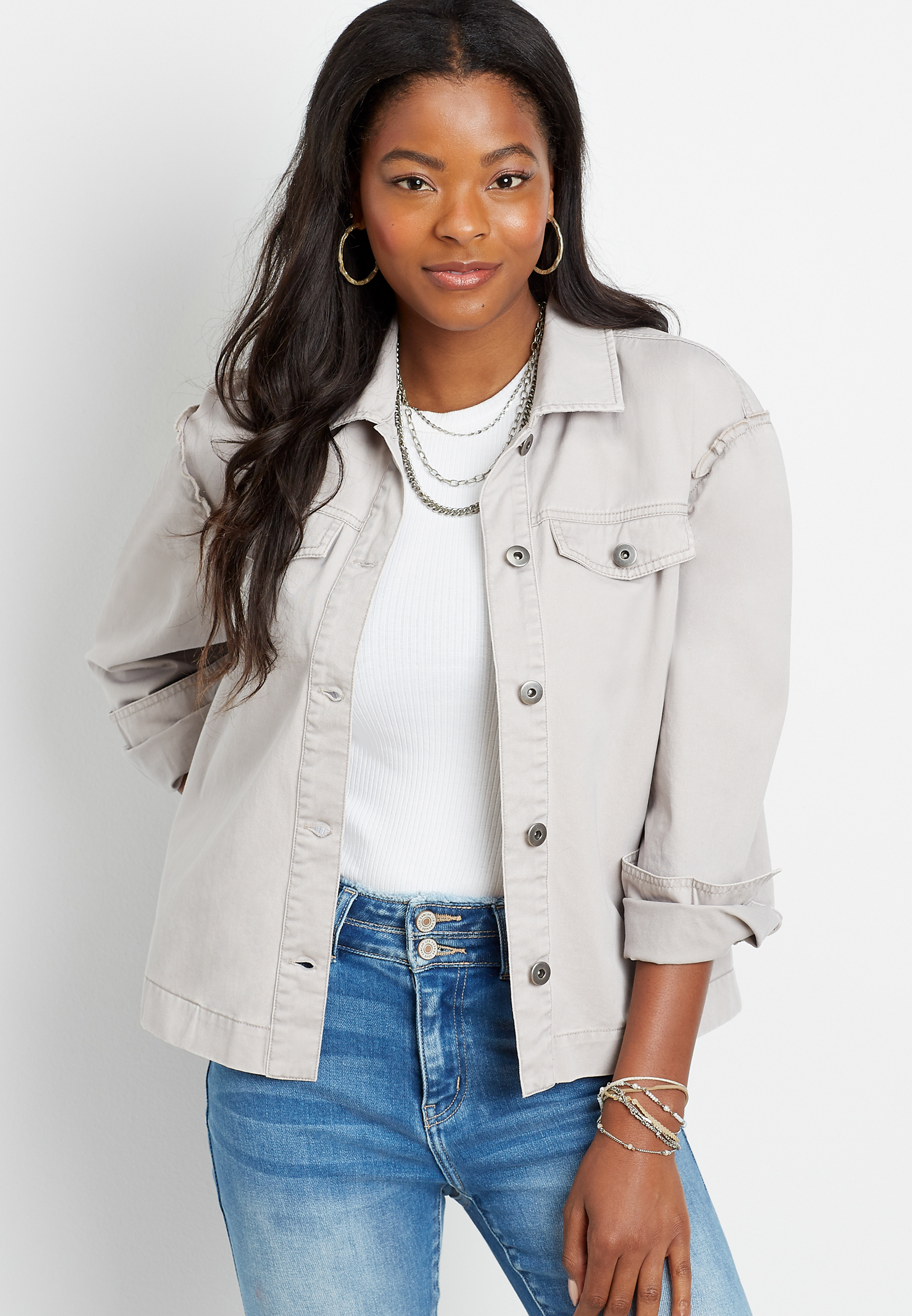 Gray Ruffle Trim Button Down Jacket | maurices