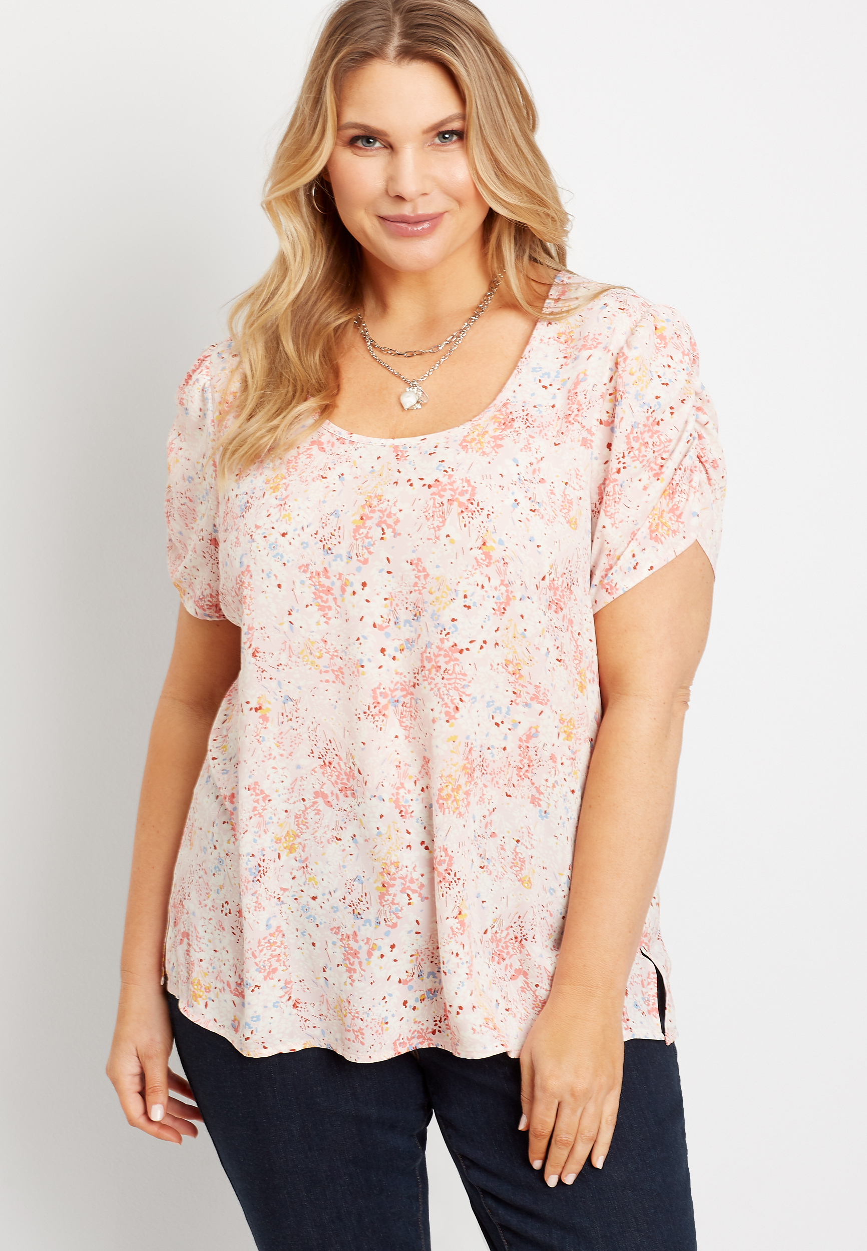 Plus Size Floral Ruche Puff Sleeve Blouse | maurices