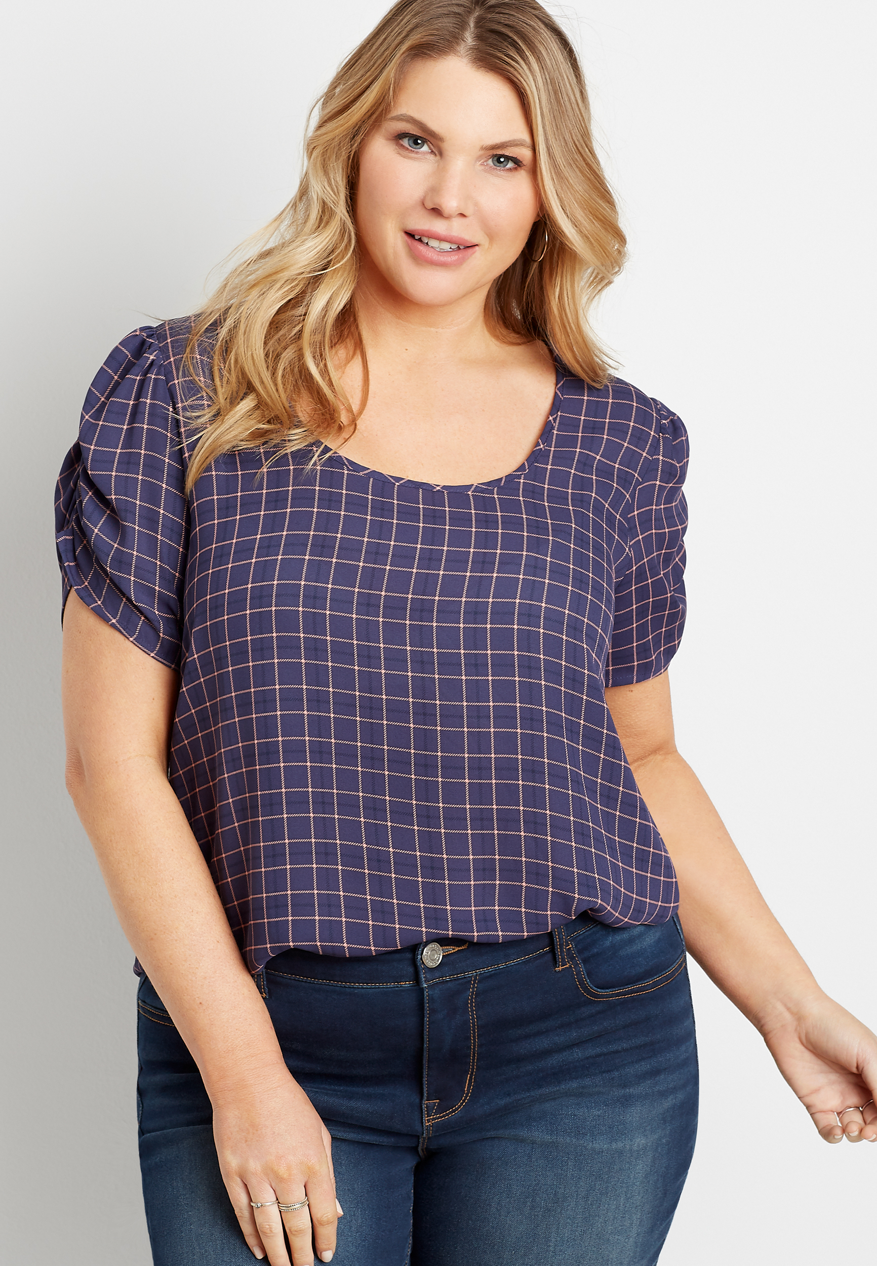 Plus Size Blue Plaid Ruched Sleeve Blouse | maurices