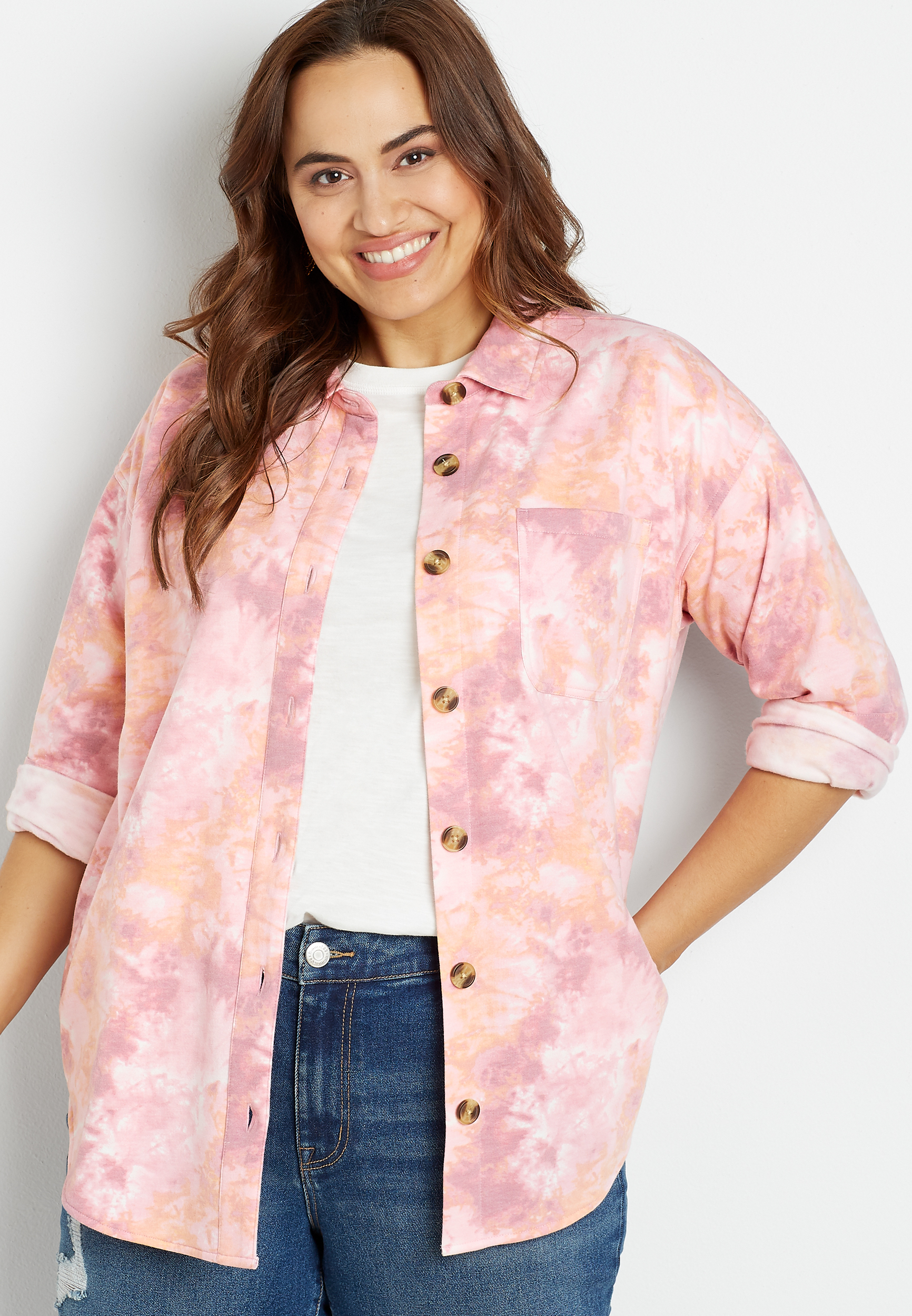 Plus Size Pink Tie Dye Oversized Shacket | maurices