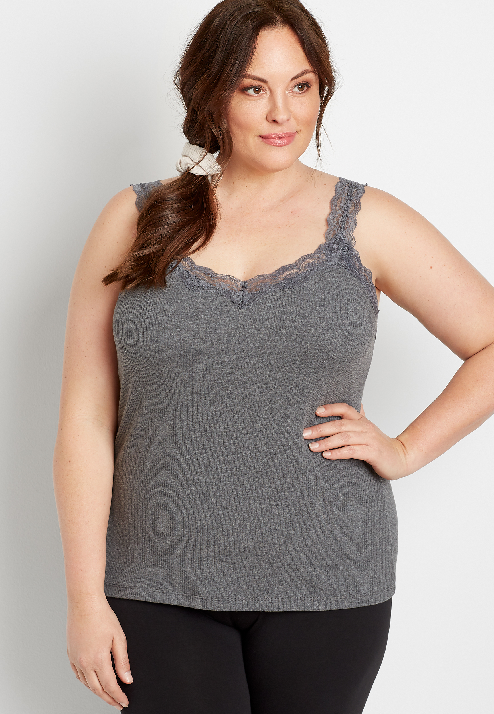 Plus Size Gray Lace Trim Ribbed Tank Top | maurices
