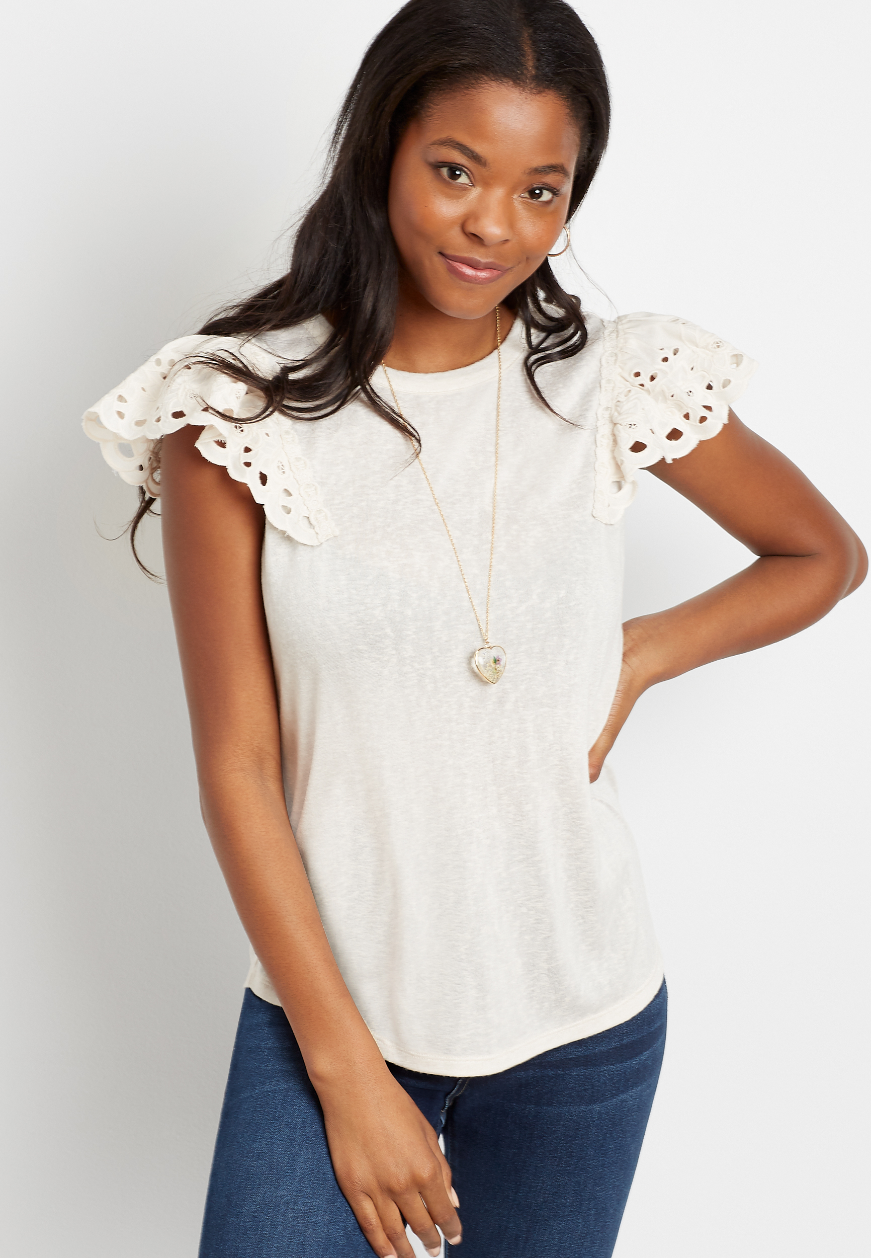 Eyelet Solid Flutter Short Sleeve Top | maurices
