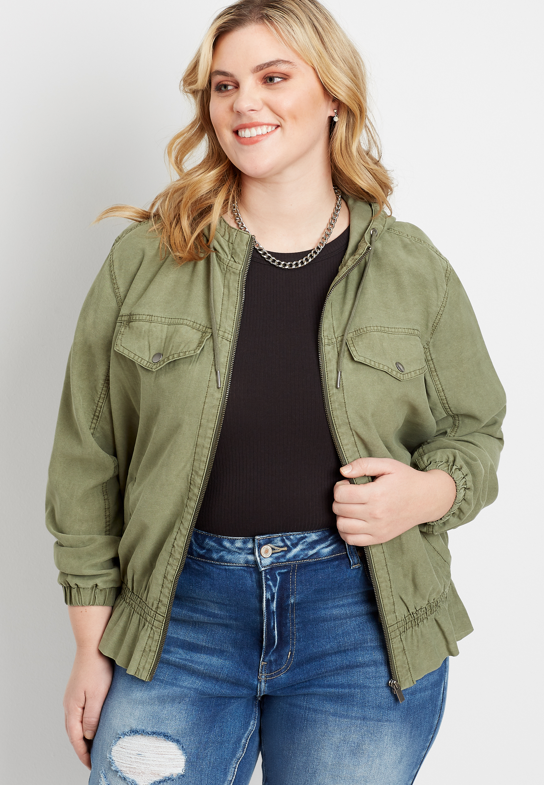 Plus Size Green Peplum Cropped Hooded Military Jacket | maurices