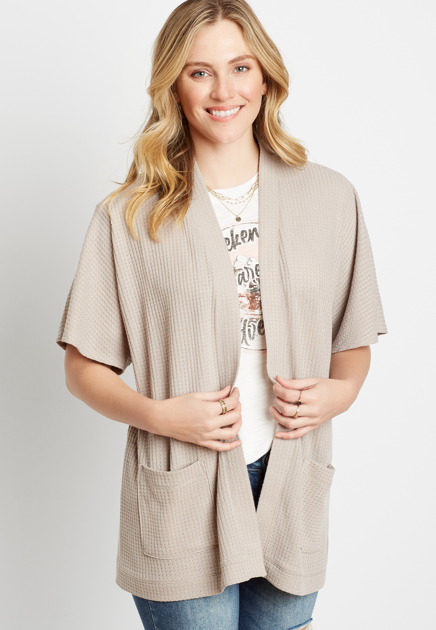 Solid Waffle Knit Smocked Back Cardigan | maurices