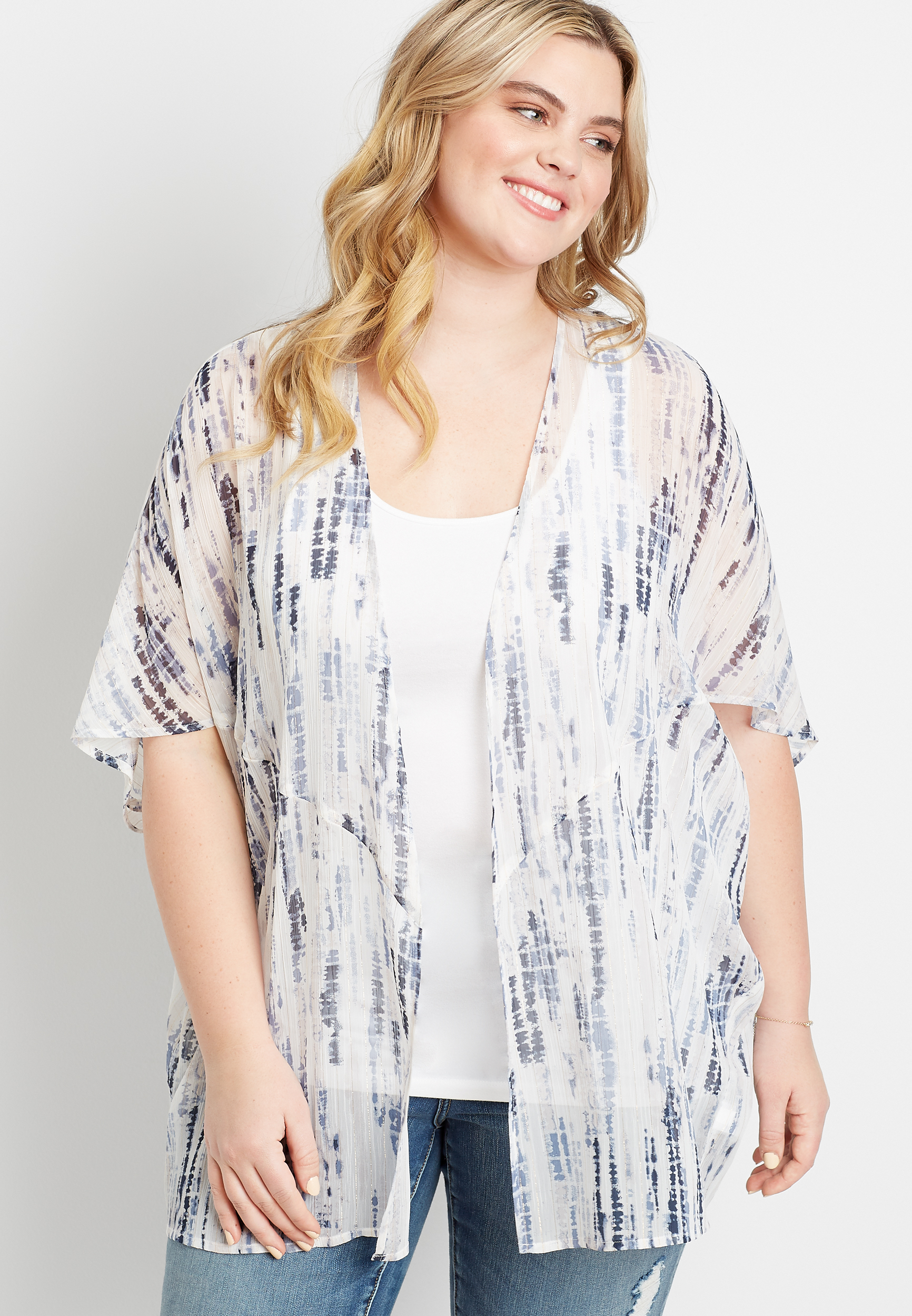Plus Size White Metallic Tie Dye Kimono | maurices