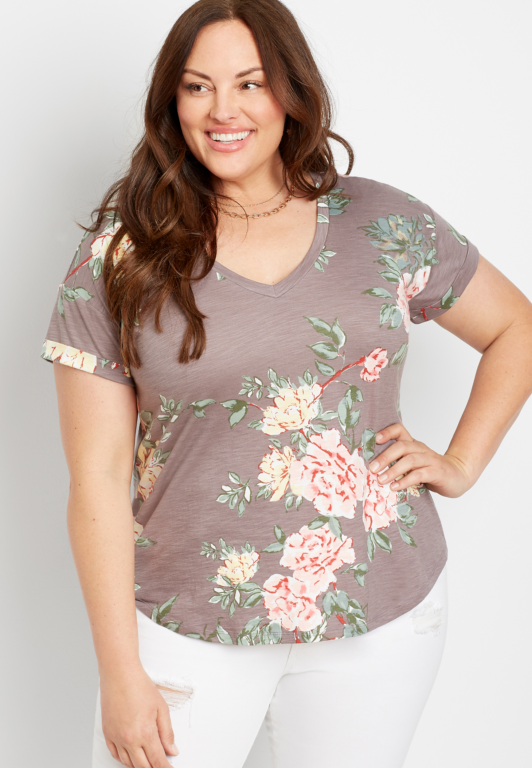 Plus Size 24/7 Brown Floral Drop Shoulder Classic Tee | maurices