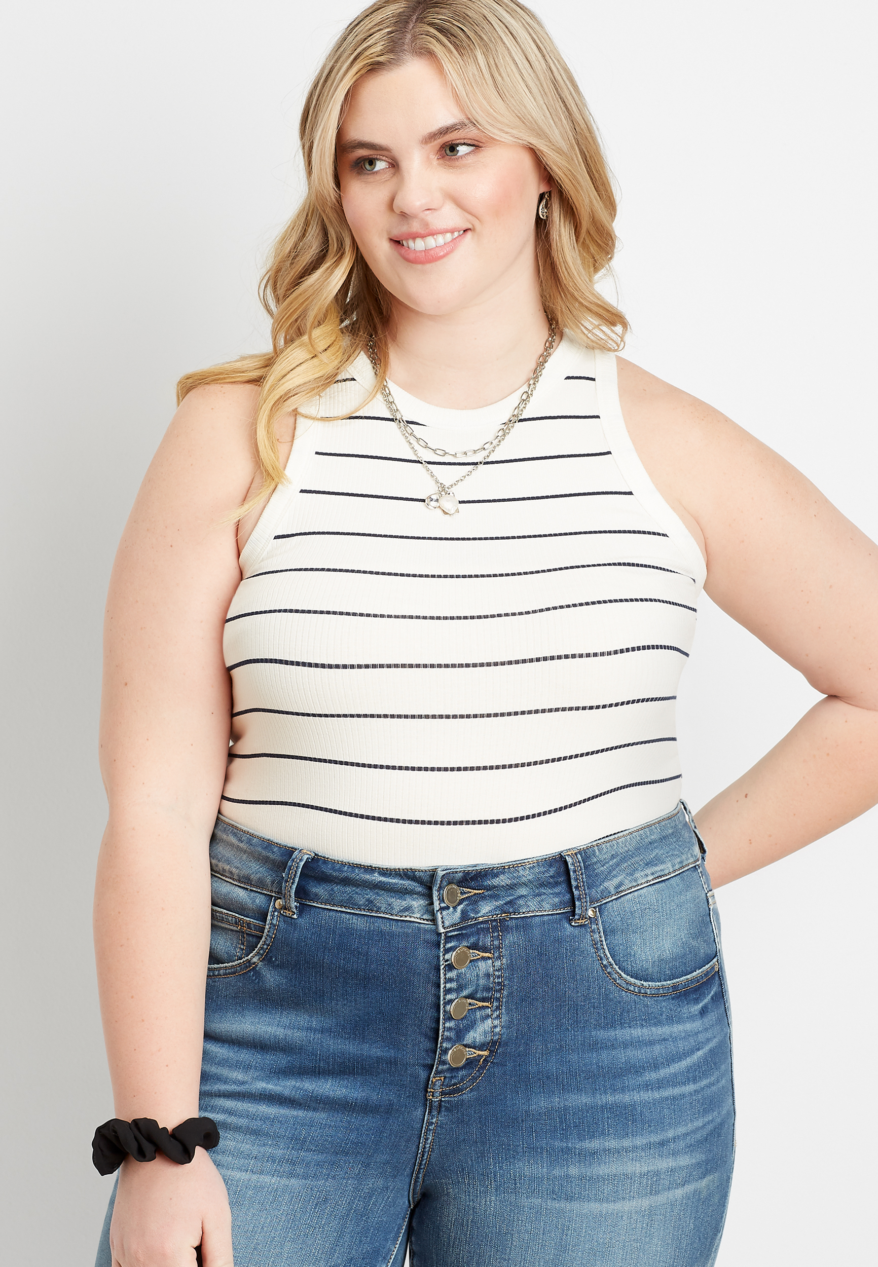 Plus Size Navy Stripe High Neck Fitted Ribbed Tank Top | maurices