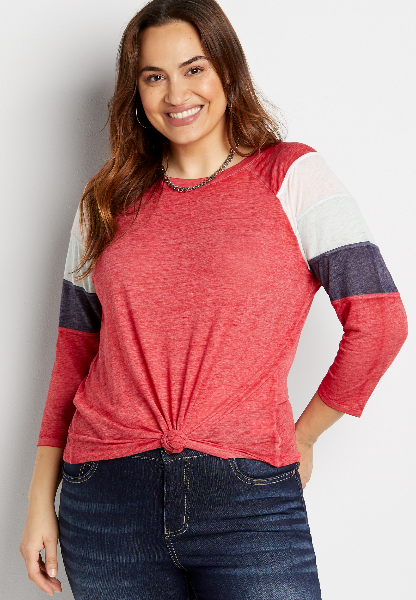 Plus Size 24/7 Bright Cherry Striped Baseball Tee | maurices