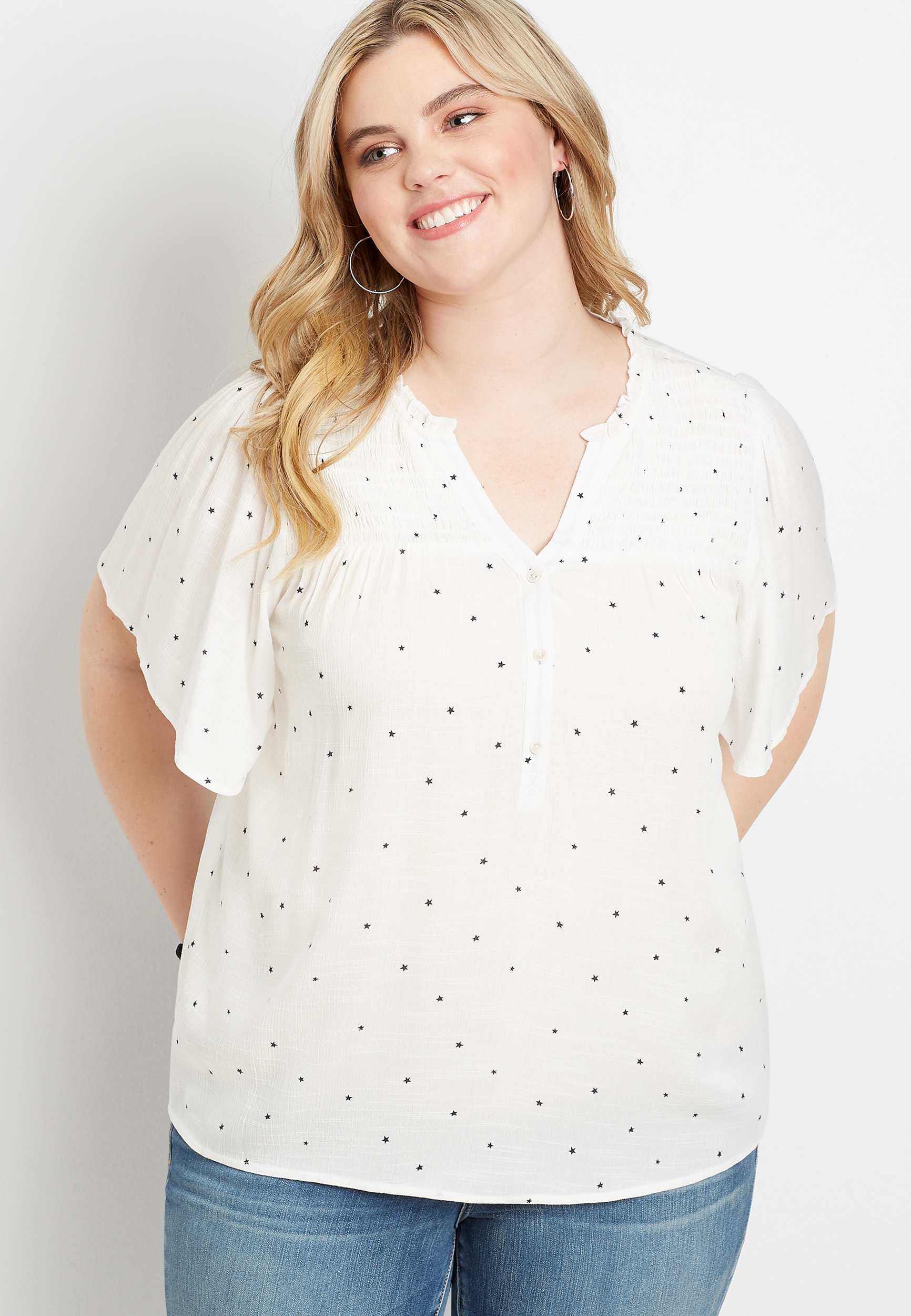Plus Size White Star Flutter Sleeve Button Front Top | maurices