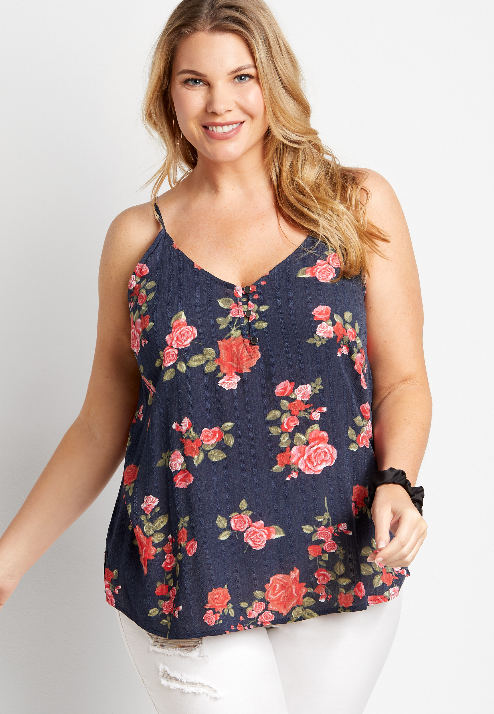 Plus Size Navy Button Front Floral Cami | maurices
