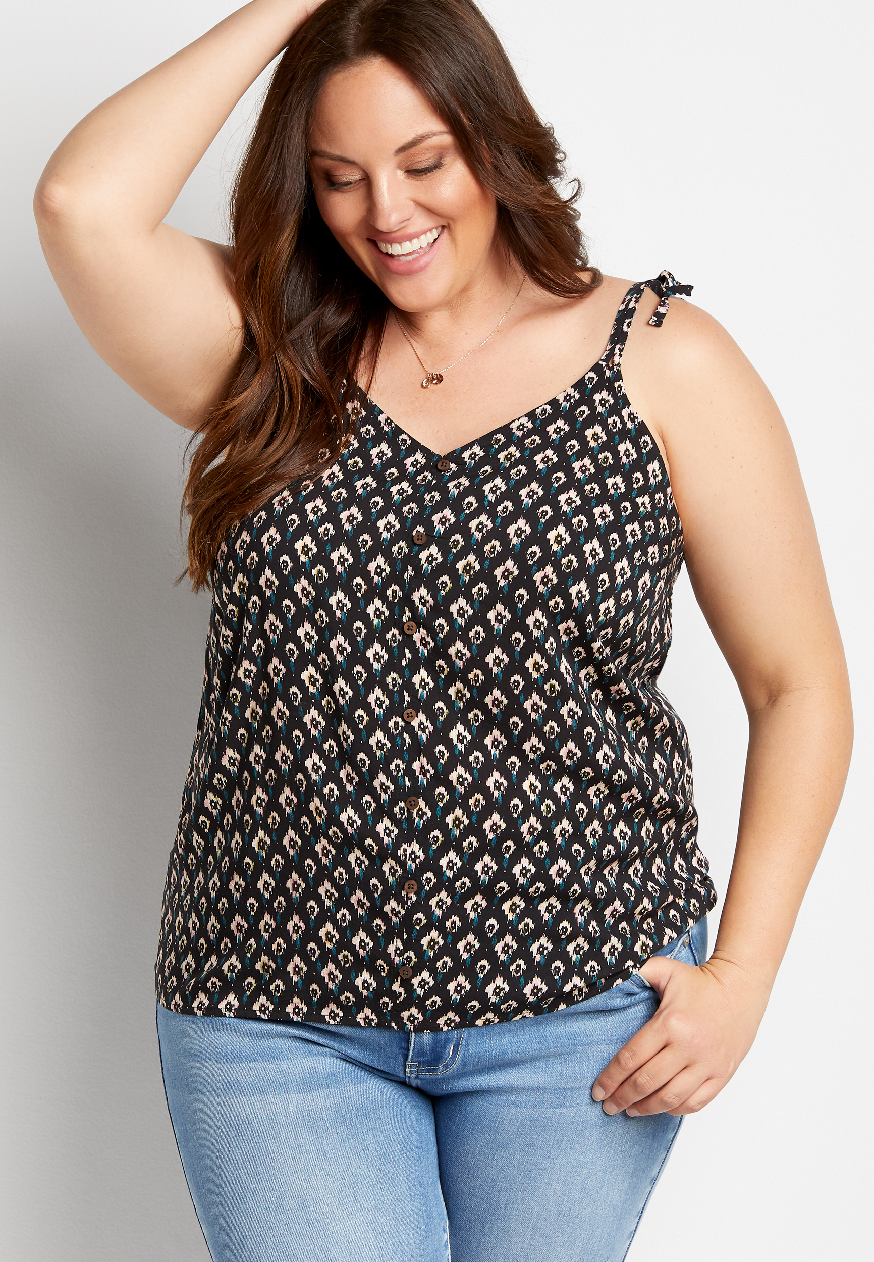 Plus Size Black Ikat Tie Shoulder Tank Top | maurices