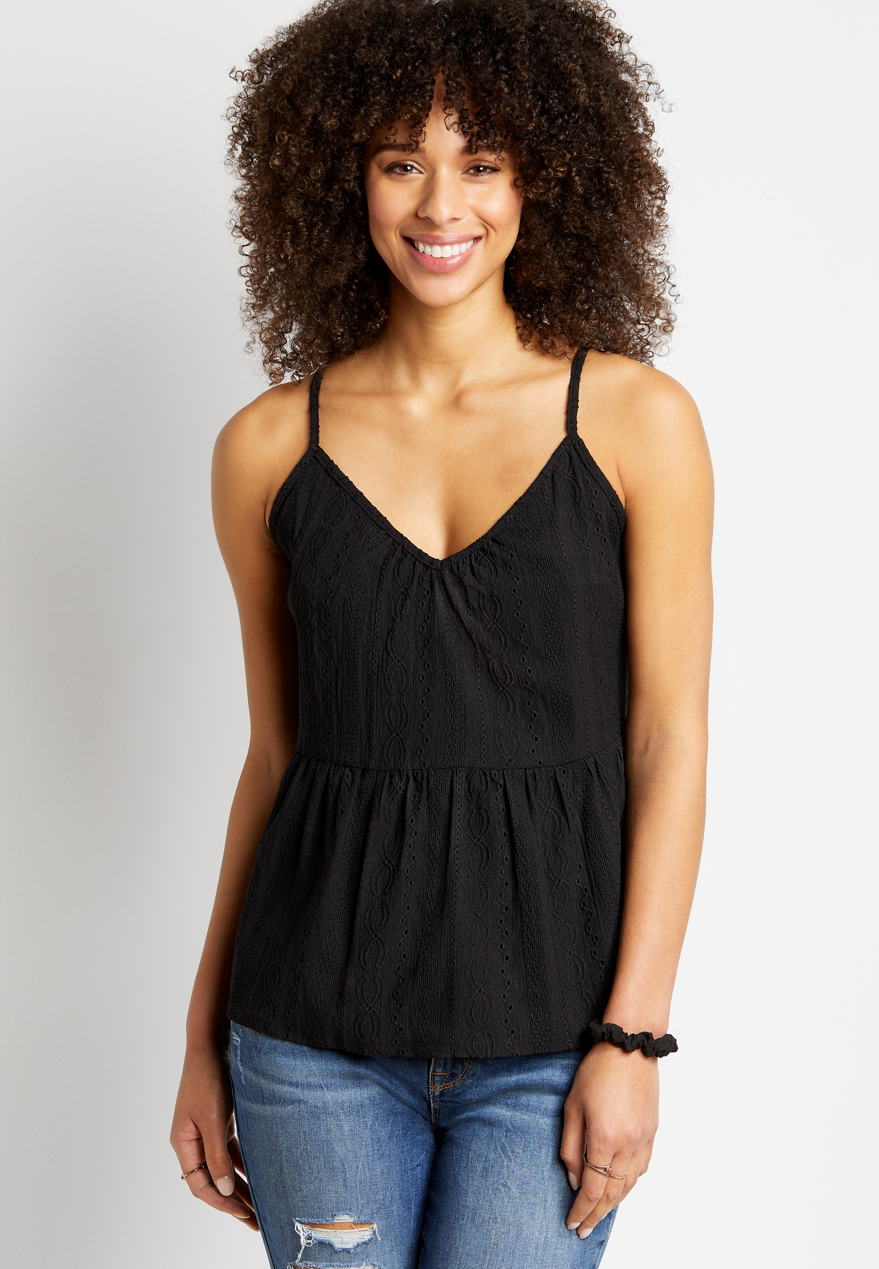 Solid Embroidered Lace Up Back Tank Top | maurices