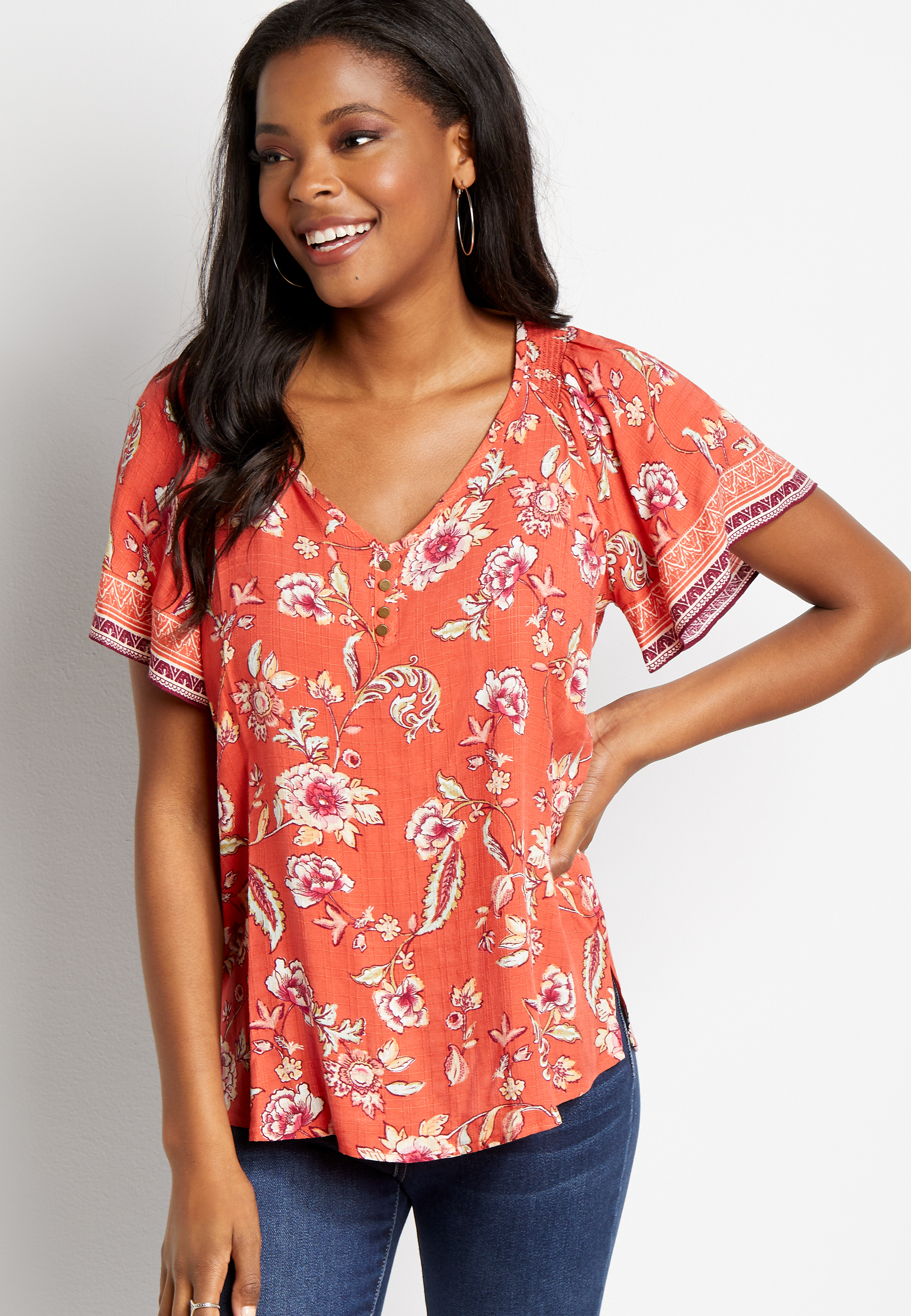 Orange Floral Flutter Sleeve Button Front Top | maurices