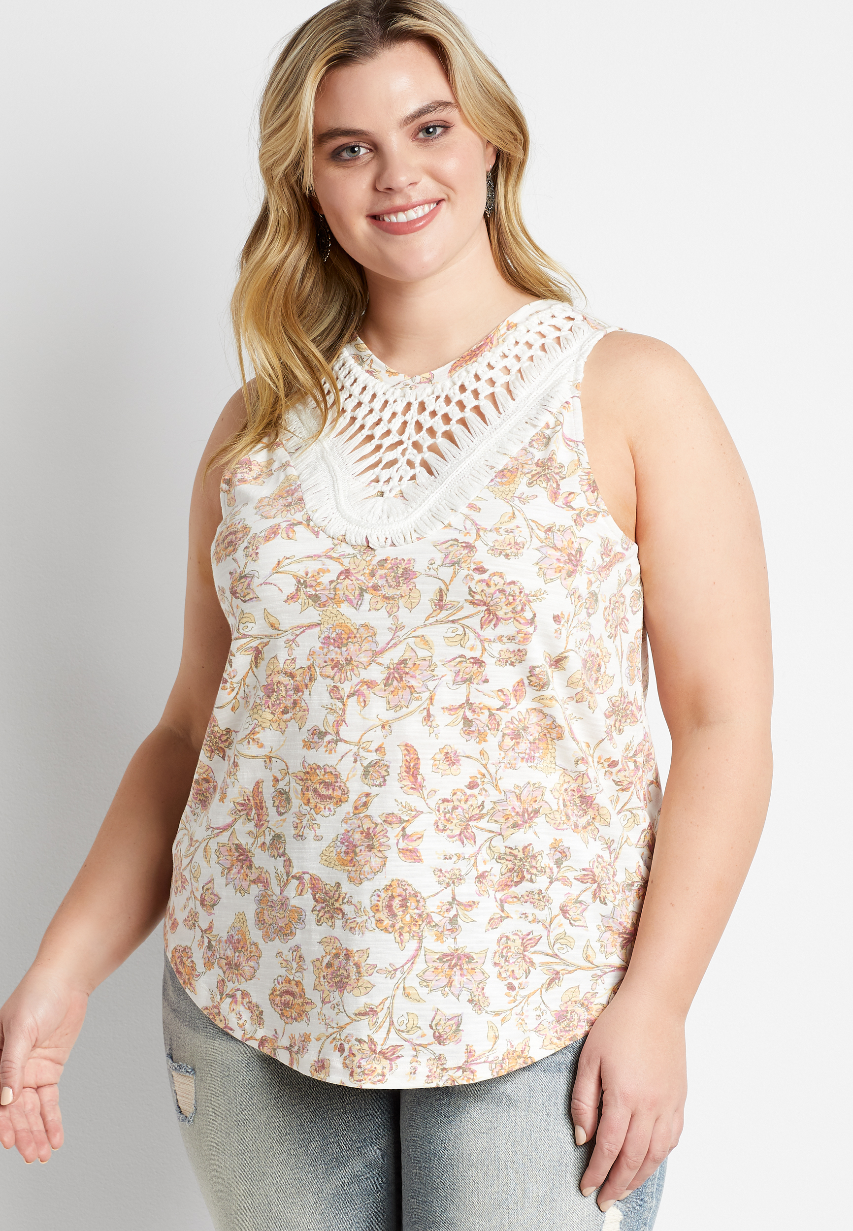 Plus Size White Floral Macrame Tank Top | maurices