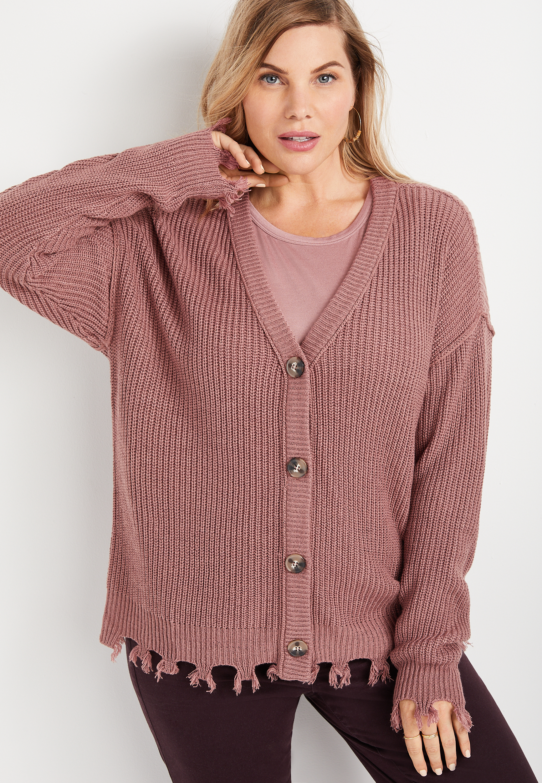 Plus Size Pink Distressed Hem Cardigan | maurices