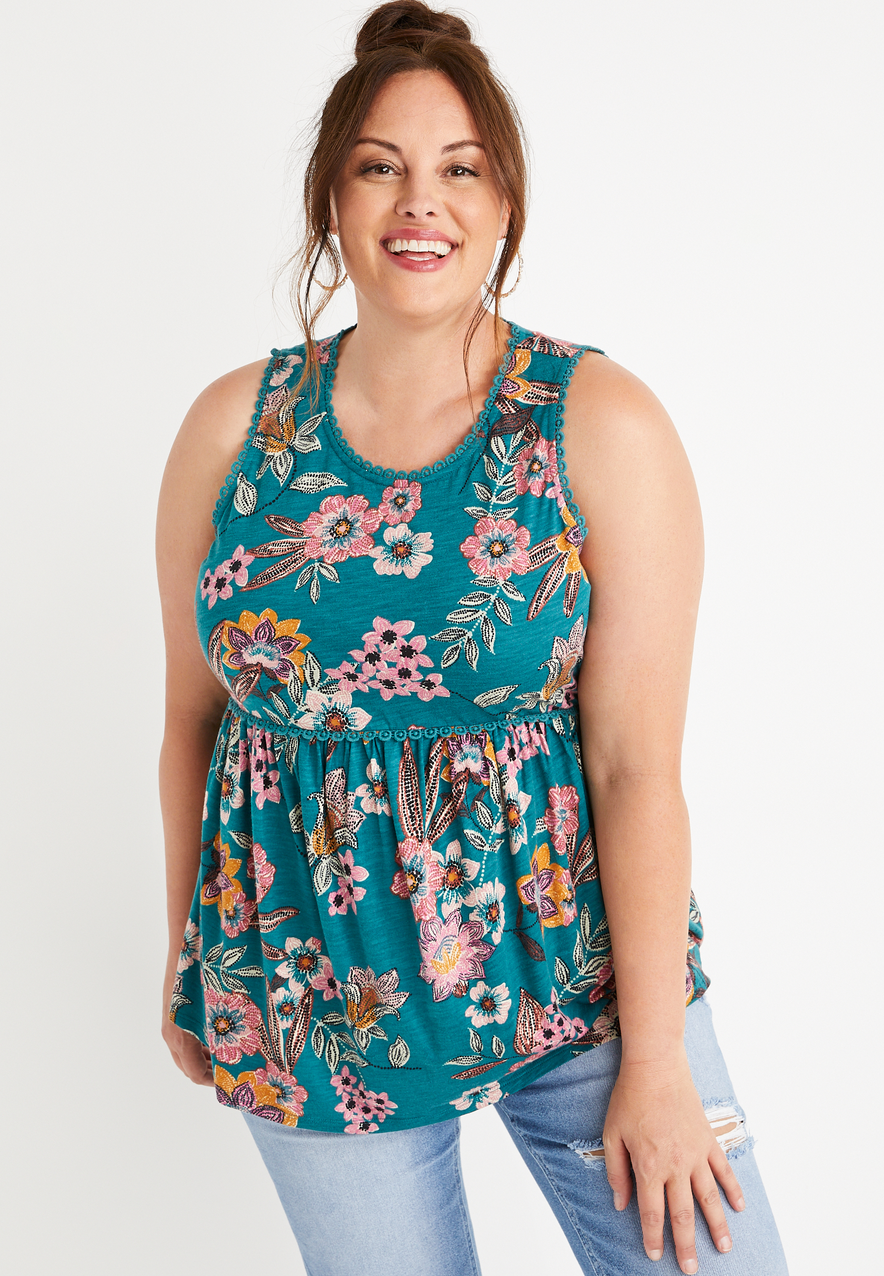 Plus Size Teal Floral Eyelet Trim Tank Top Maurices