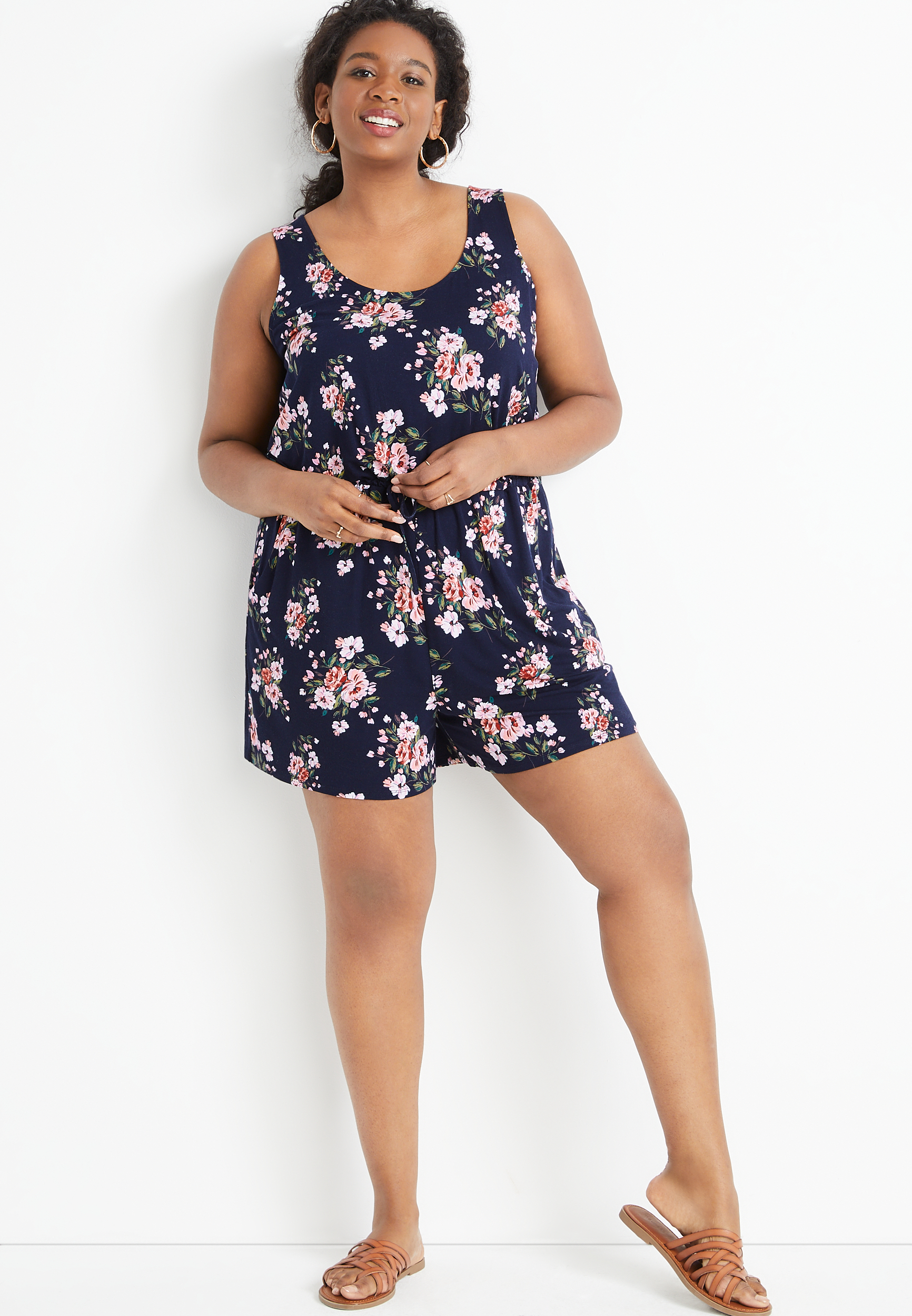 Plus Size 24/7 Navy Floral Drawcord Pocket Sleeveless Romper | maurices