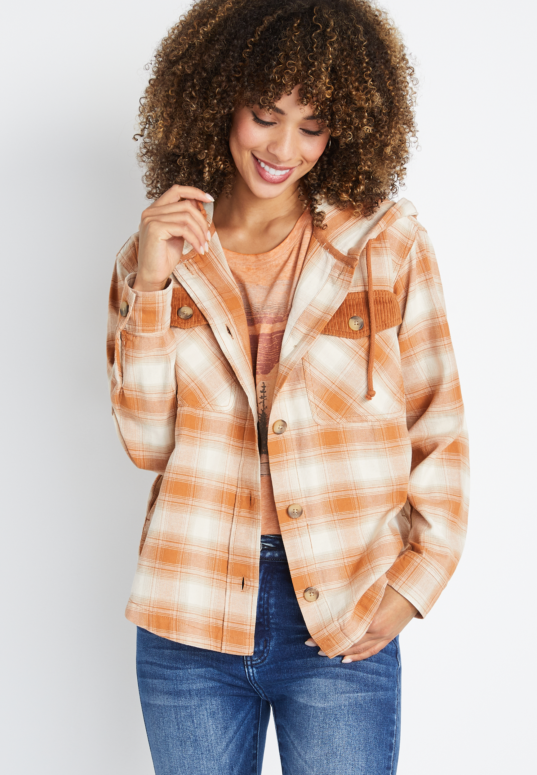 Gold Plaid Hooded Shacket | maurices