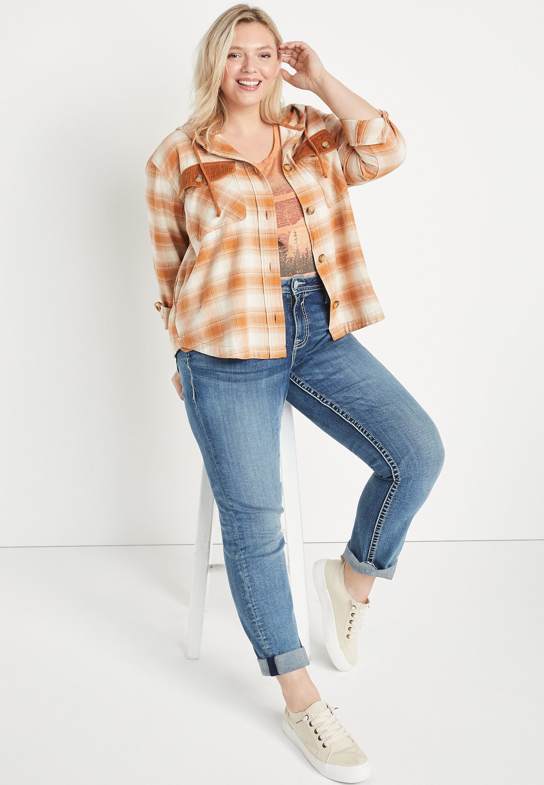 Plus Size Gold Plaid Hooded Shacket | maurices